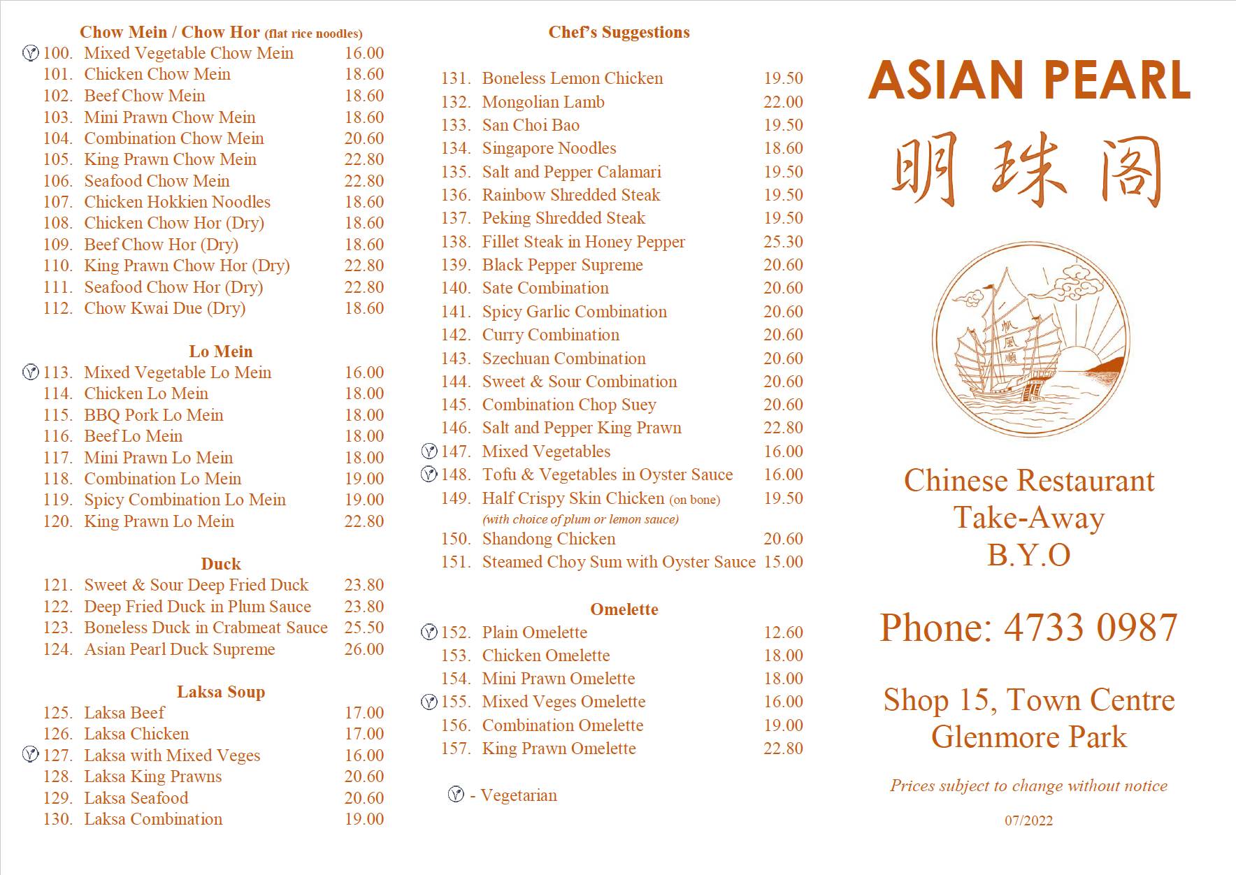 Menu at Asian Pearl Chinese Restaurant, Glenmore Park