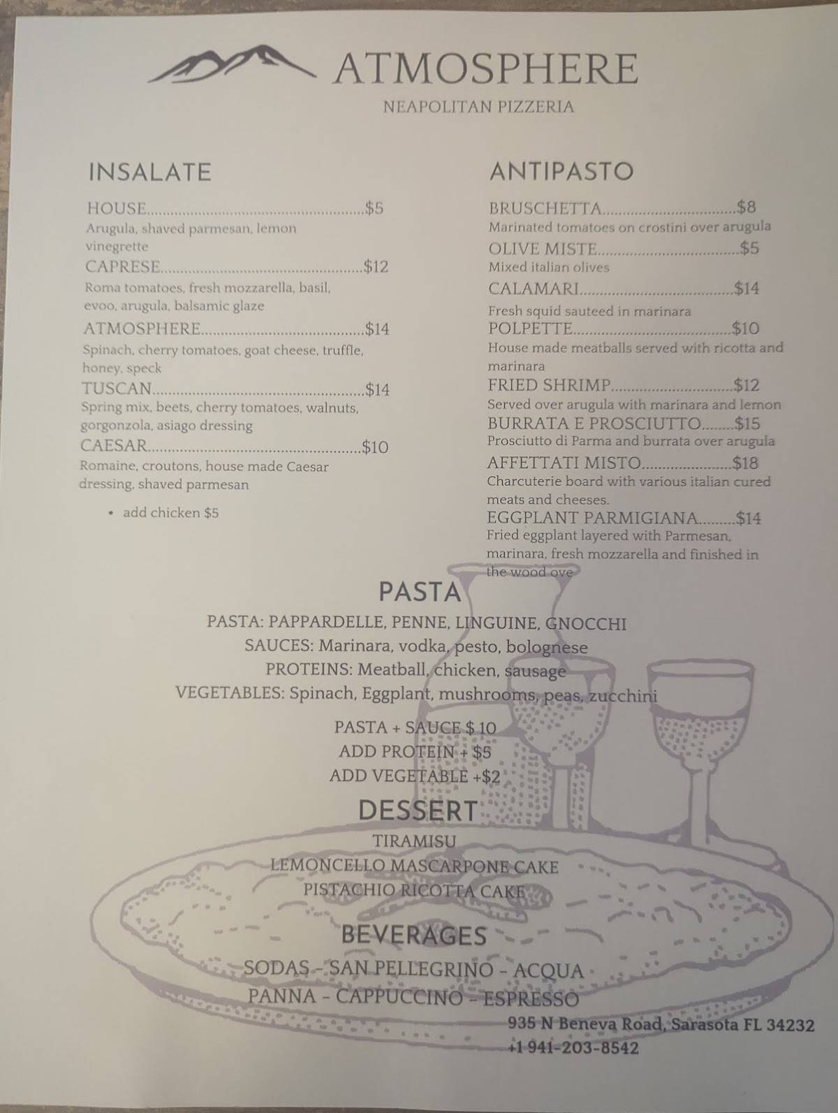 Menu at Atmosphere restaurant, Sarasota