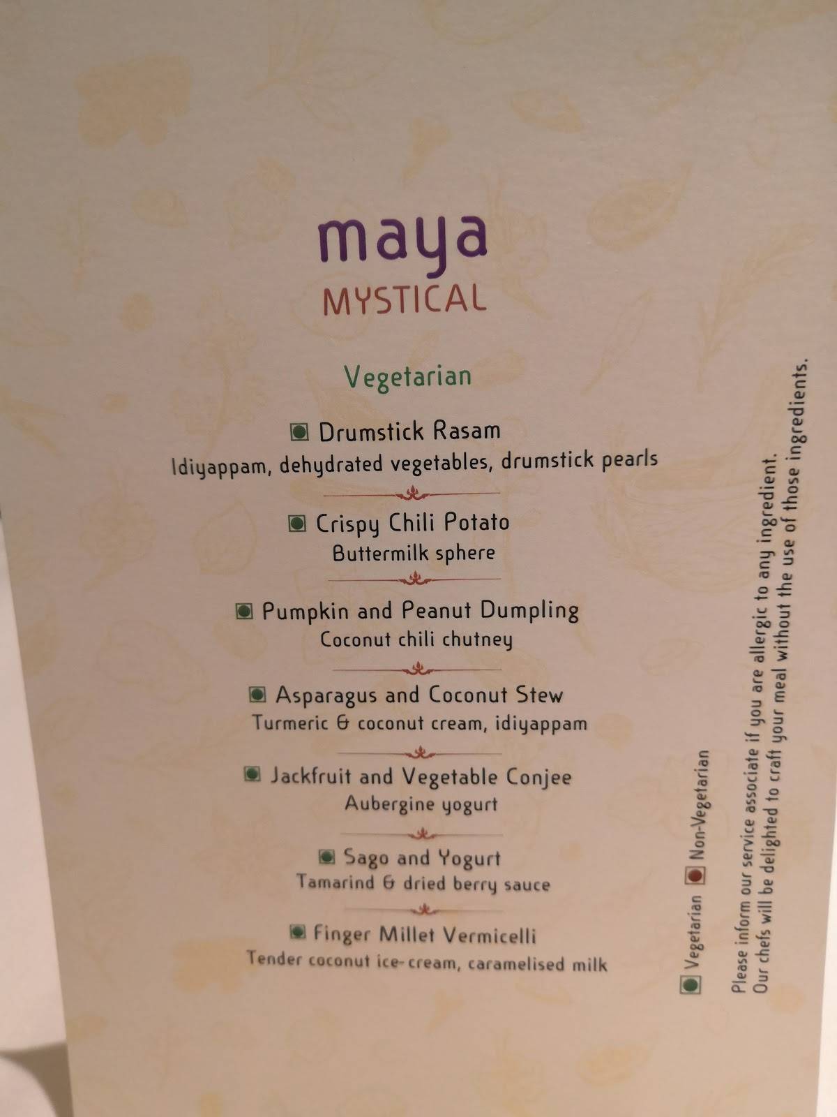 Menu at Avartana, Chennai
