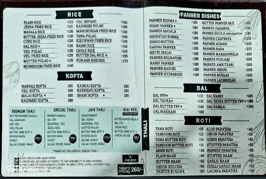 Menu at Bapu Ki Kutia, Bhopal, Roshanpura Naka