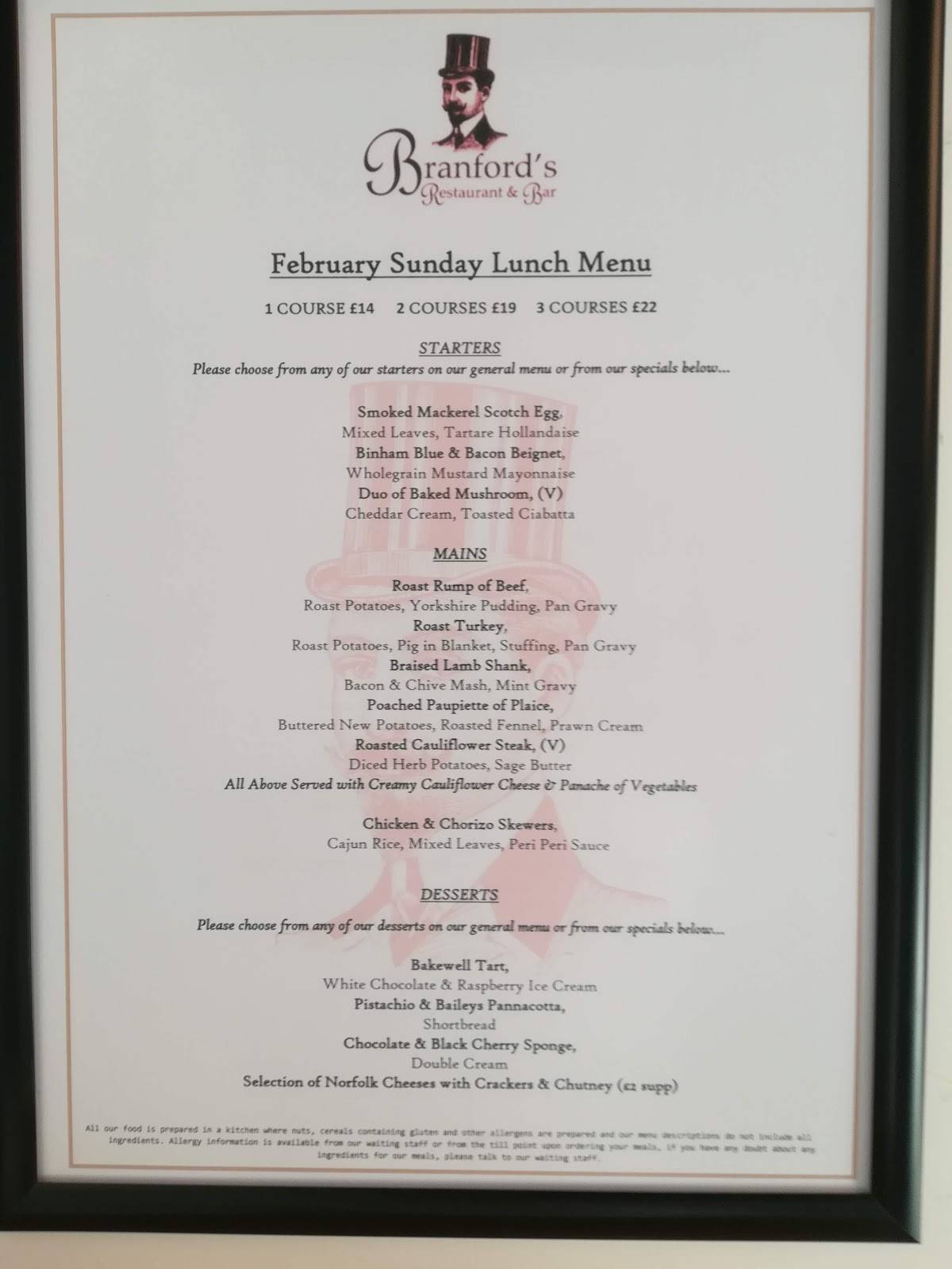 Menu at Branford's Restaurant & Bar, Great Yarmouth