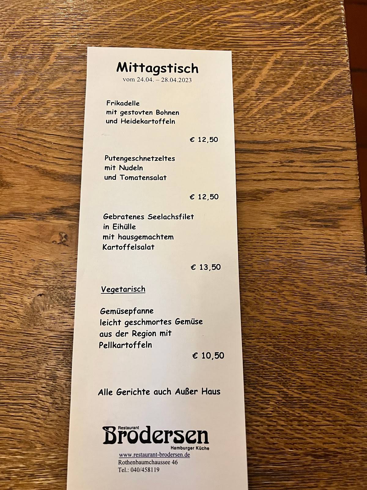 Speisekarte von Brodersen Restaurant Hamburger Küche, Hamburg