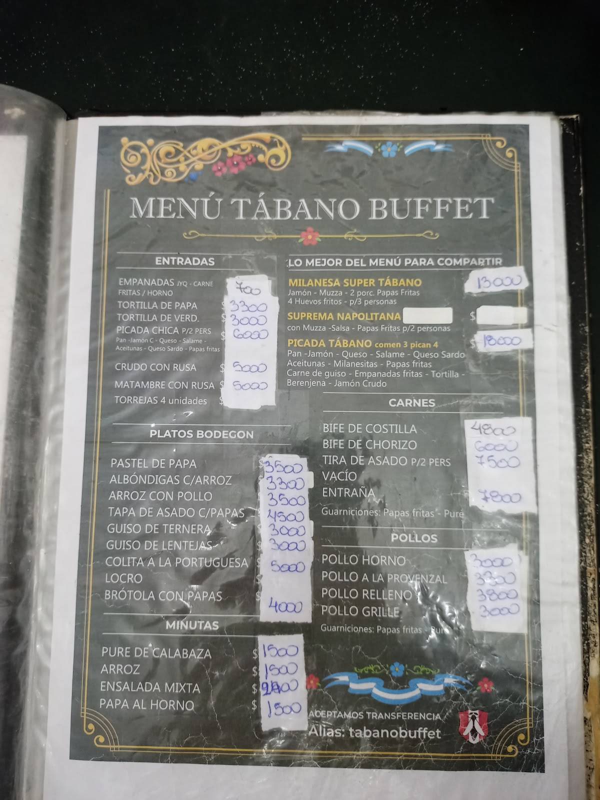 Carta del restaurante C.S.D El Tábano, Buenos Aires, Dr. Rómulo Naón 3029