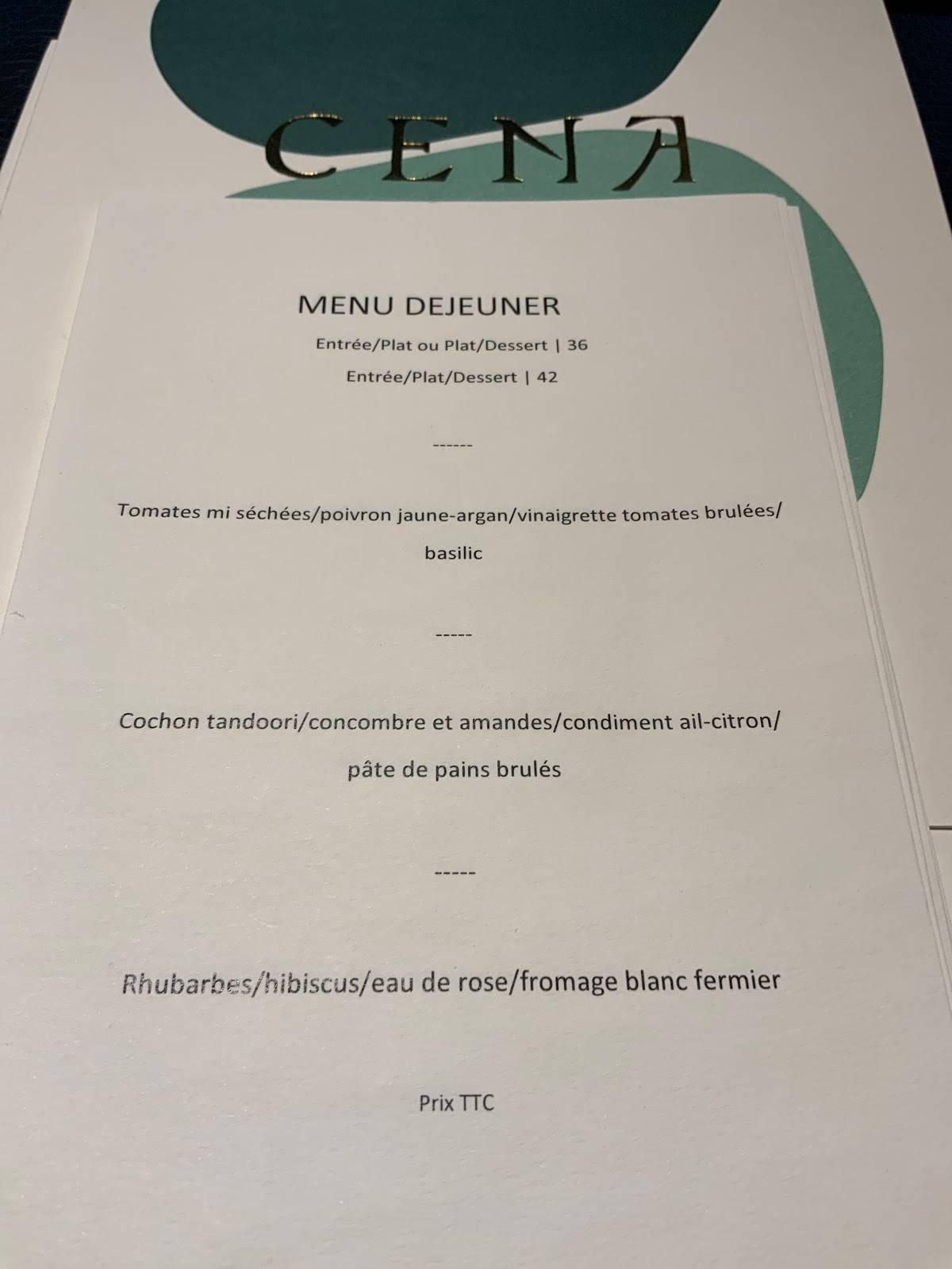 Menu at Cena Paris restaurant, Paris