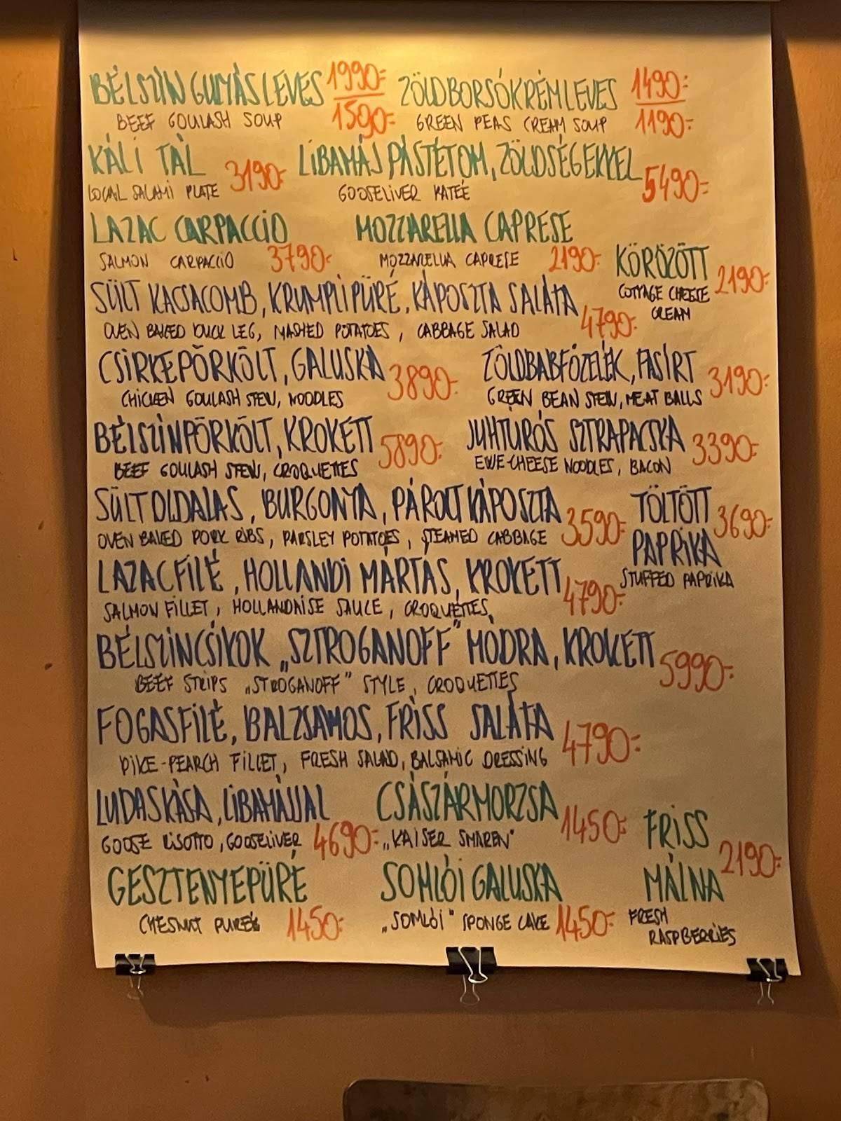 Menu at Café Kör restaurant, Budapest