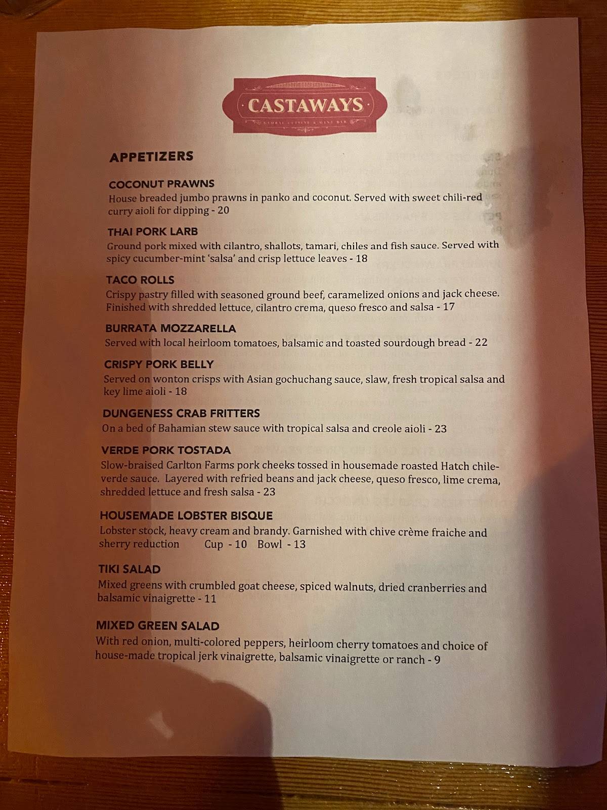 Menu at Castaways Global Cuisine restaurant, Cannon Beach