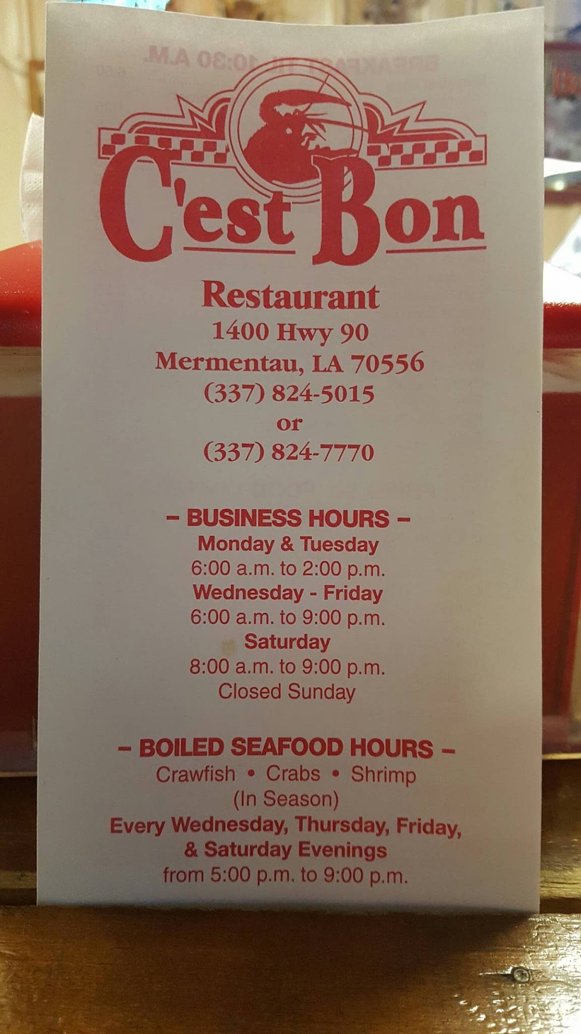 Menu at C'est Bon restaurant, Mermentau, Railroad Ave
