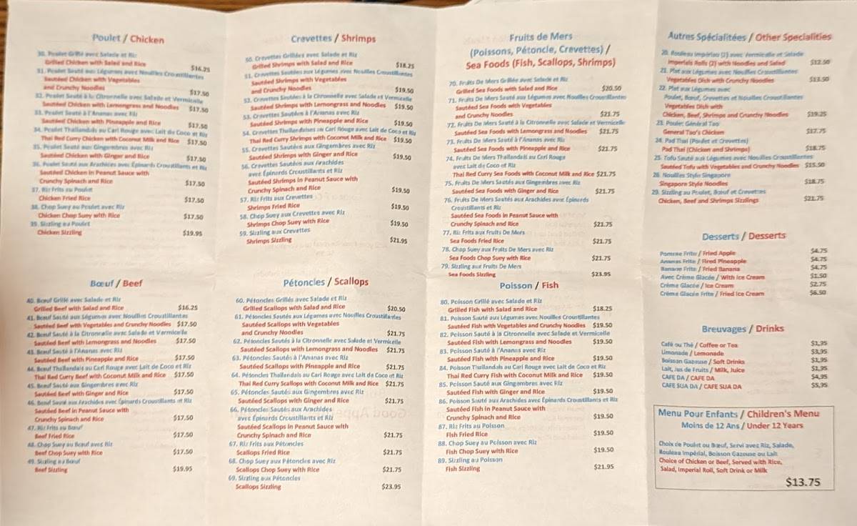 Menu au Restaurant Chez Lam, Vaudreuil-Dorion