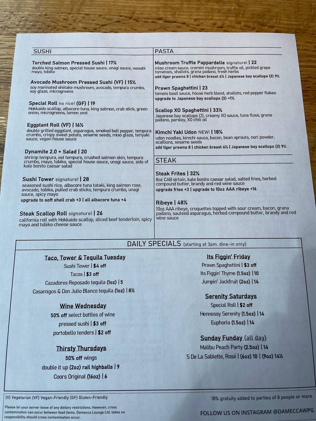 Menu at Damecca Lounge restaurant, Winnipeg