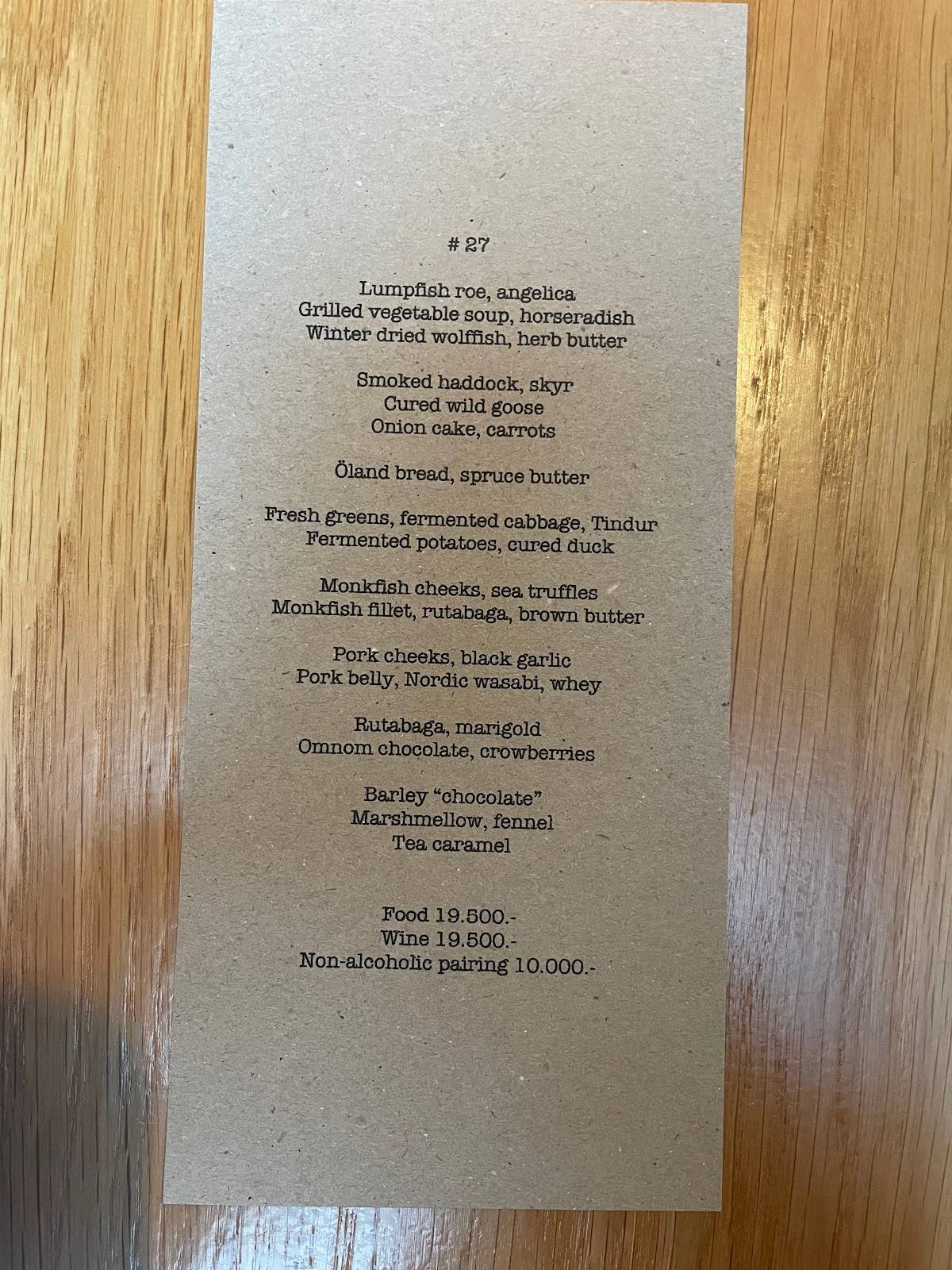 Menu at Dill Restaurant, Reykjavík, Laugavegur 59
