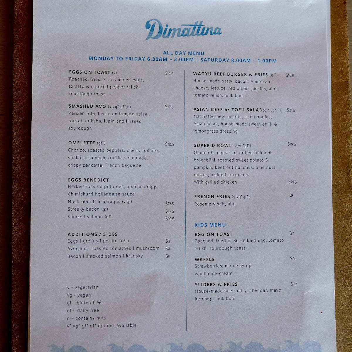 Menu at Dimattina Coffee restaurant, Osborne Park