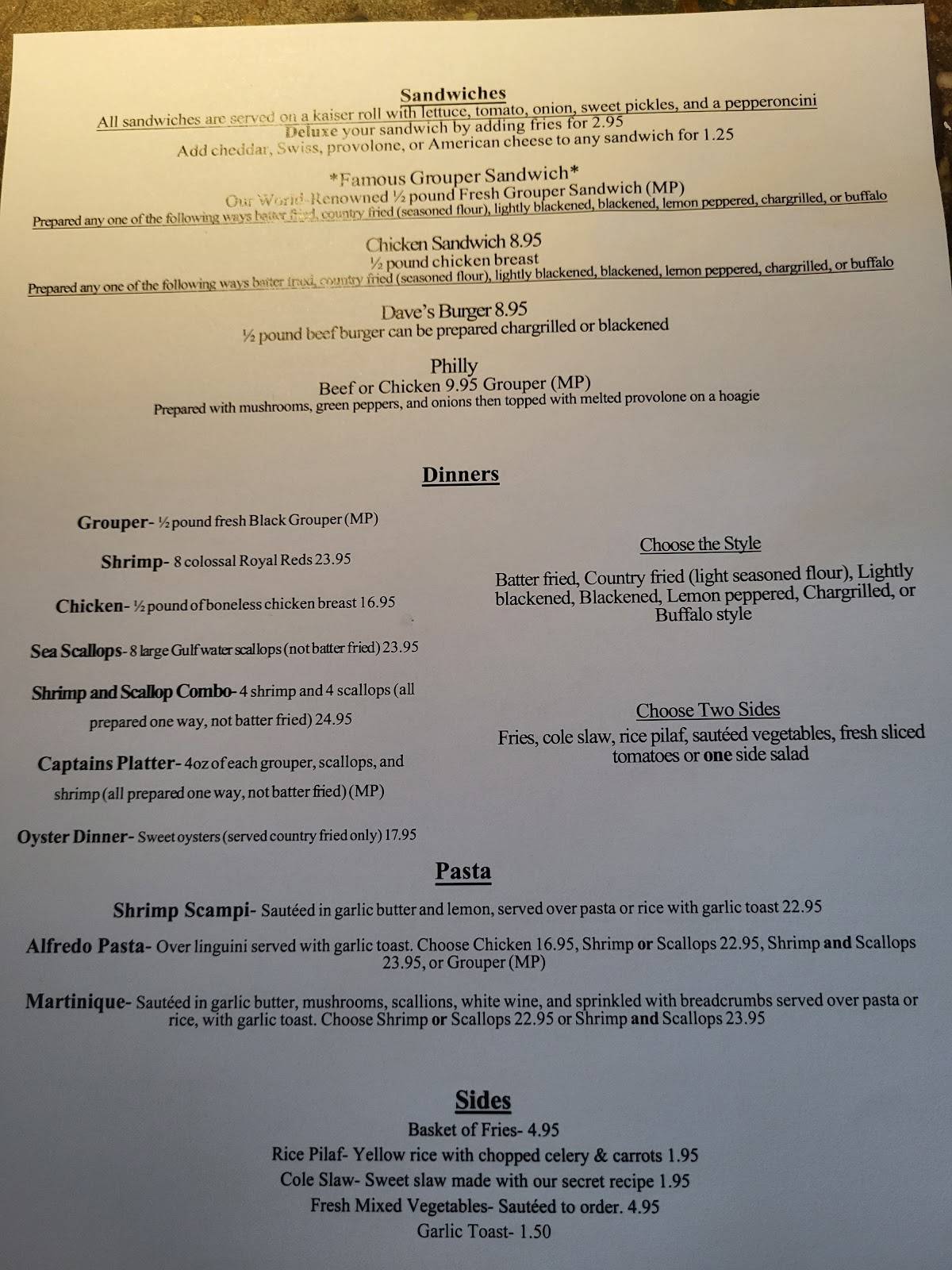 Menu at Dockside Dave's restaurant, Madeira Beach, 14701 Gulf Blvd