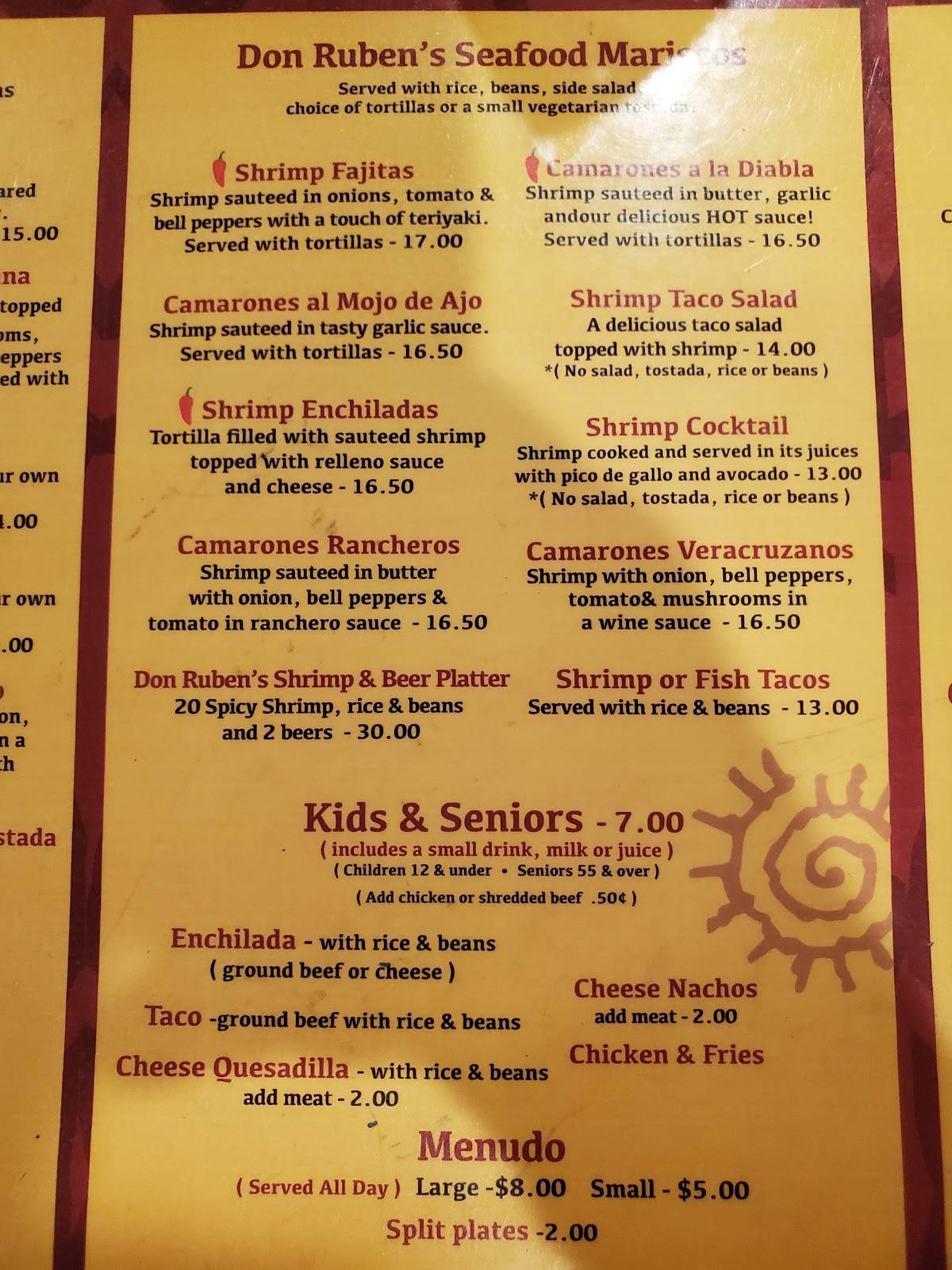 Menu at Don Ruben's Mexican Restaurant, Mariposa