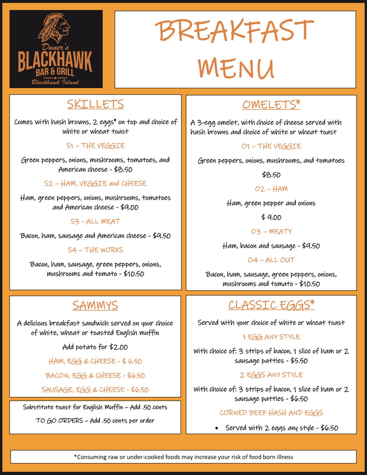 Menu at Duner's Blackhawk Club, Lake Koshkonong