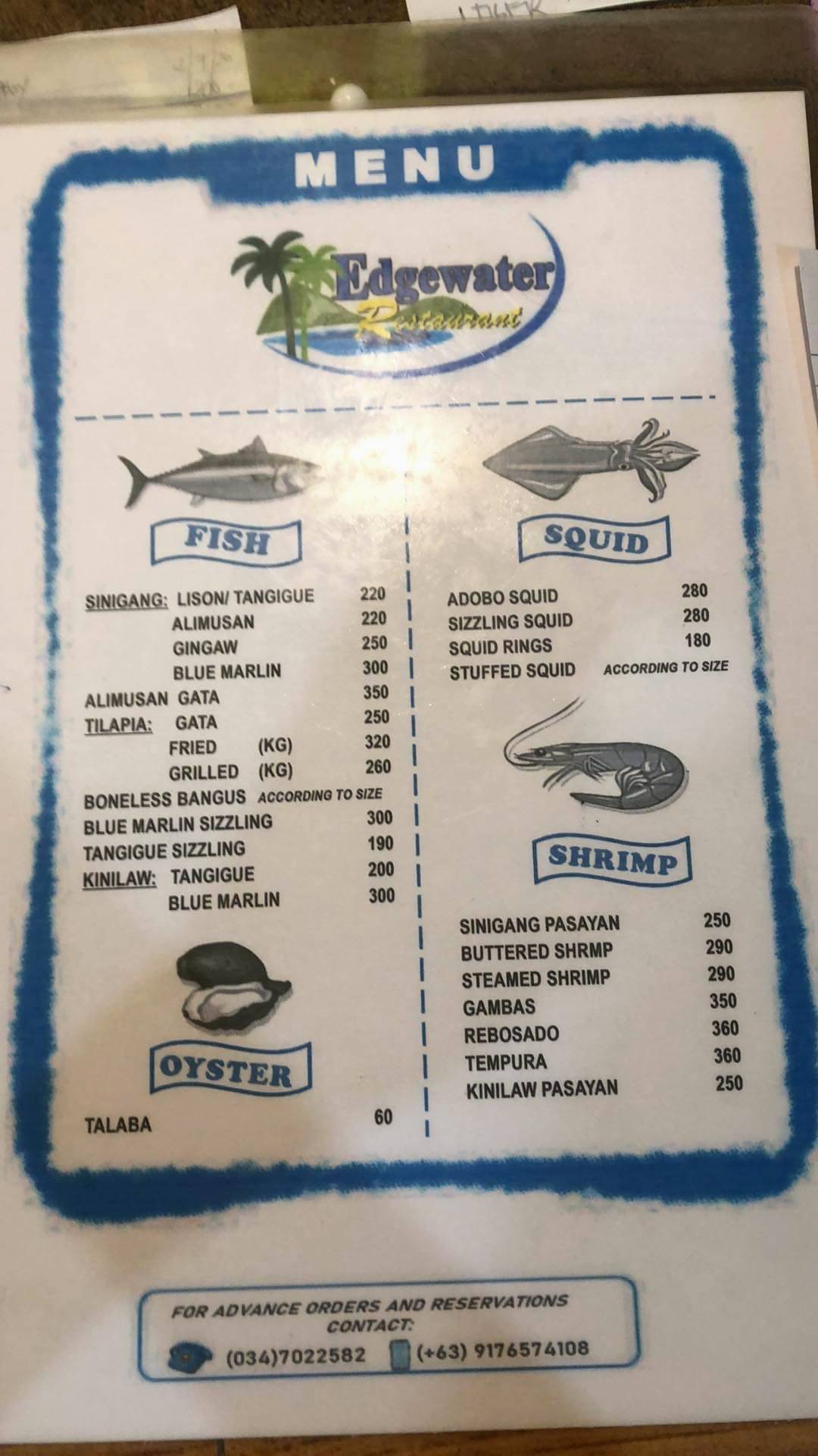 Menu at Edge Water Seafood Restaurant, Silay City
