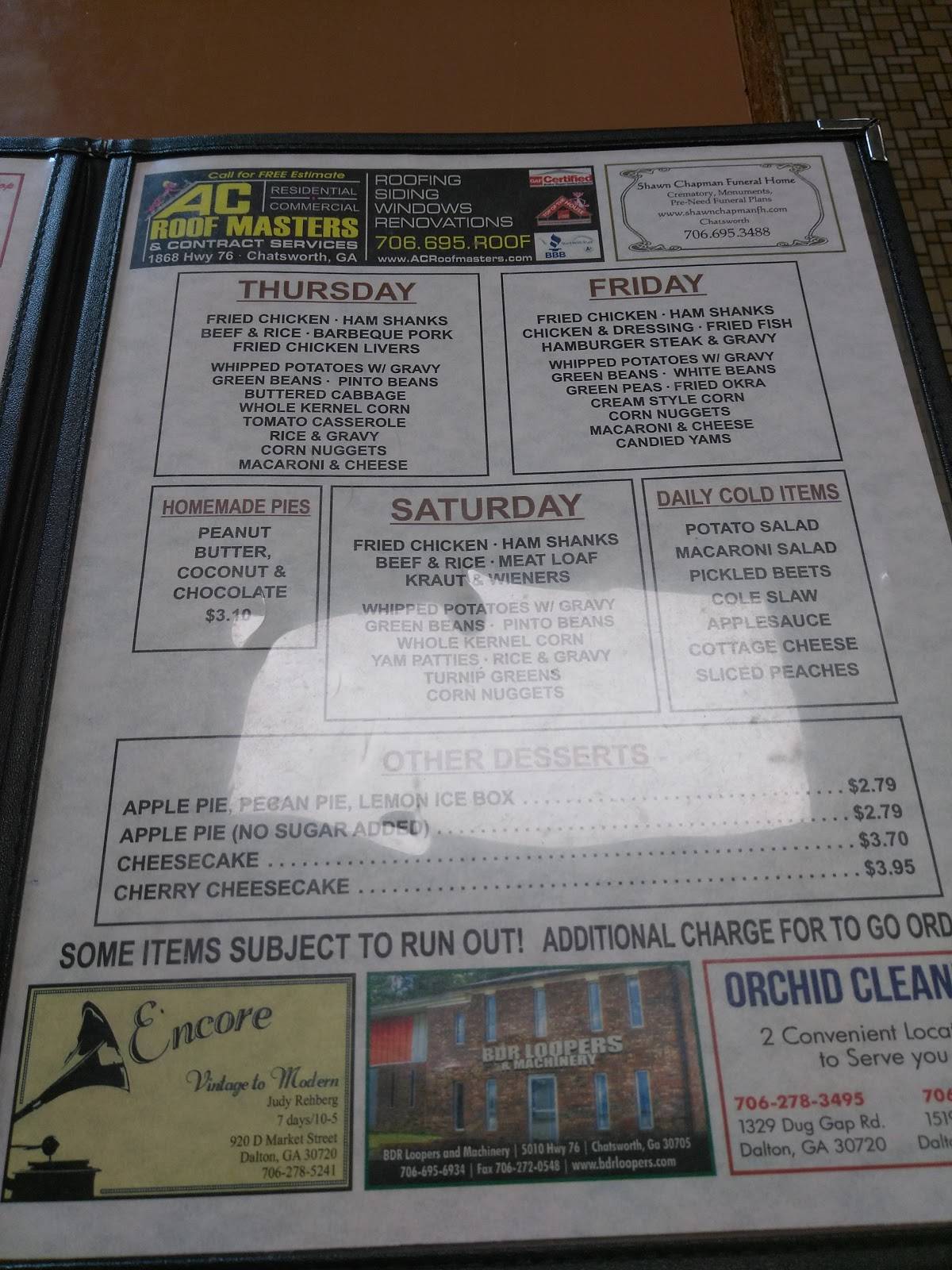 Menu at Edna's restaurant, Chatsworth