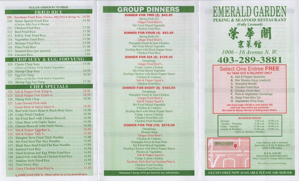 Menu at Emerald Garden restaurant, Calgary