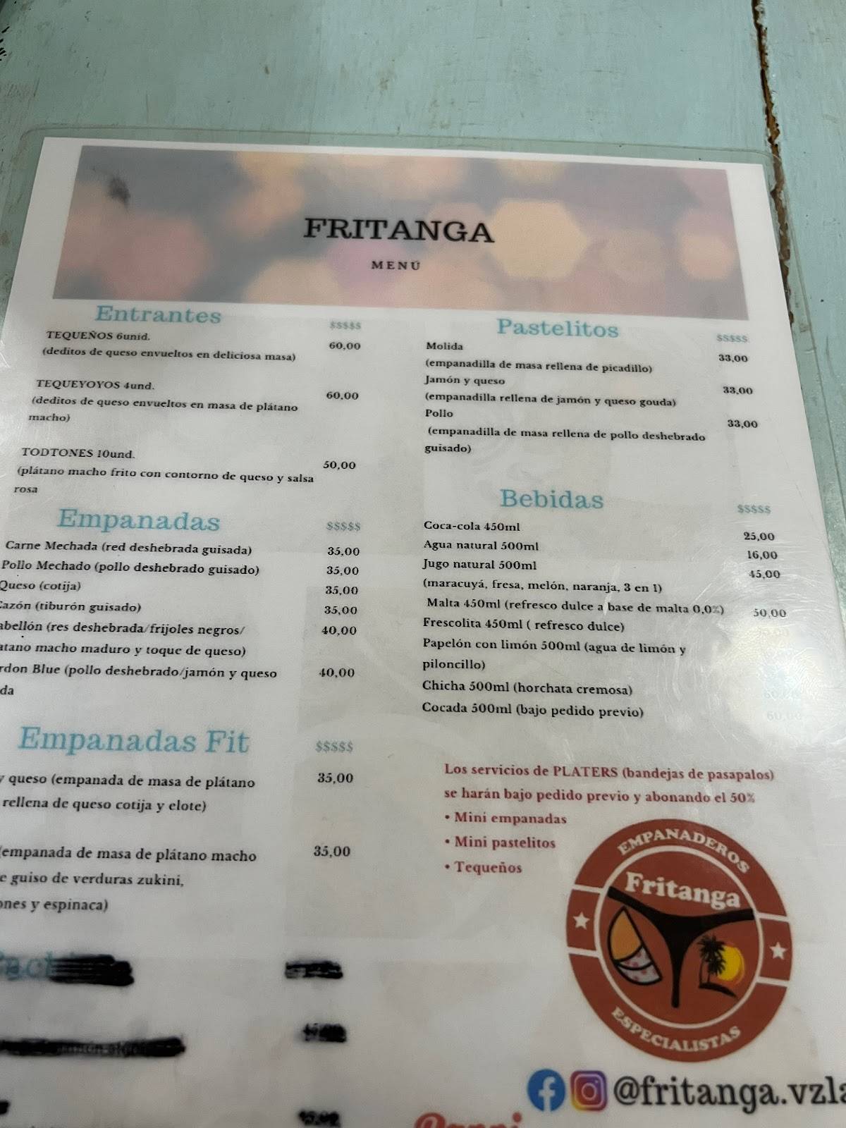 Menu at FRITANGA restaurant, Cancún