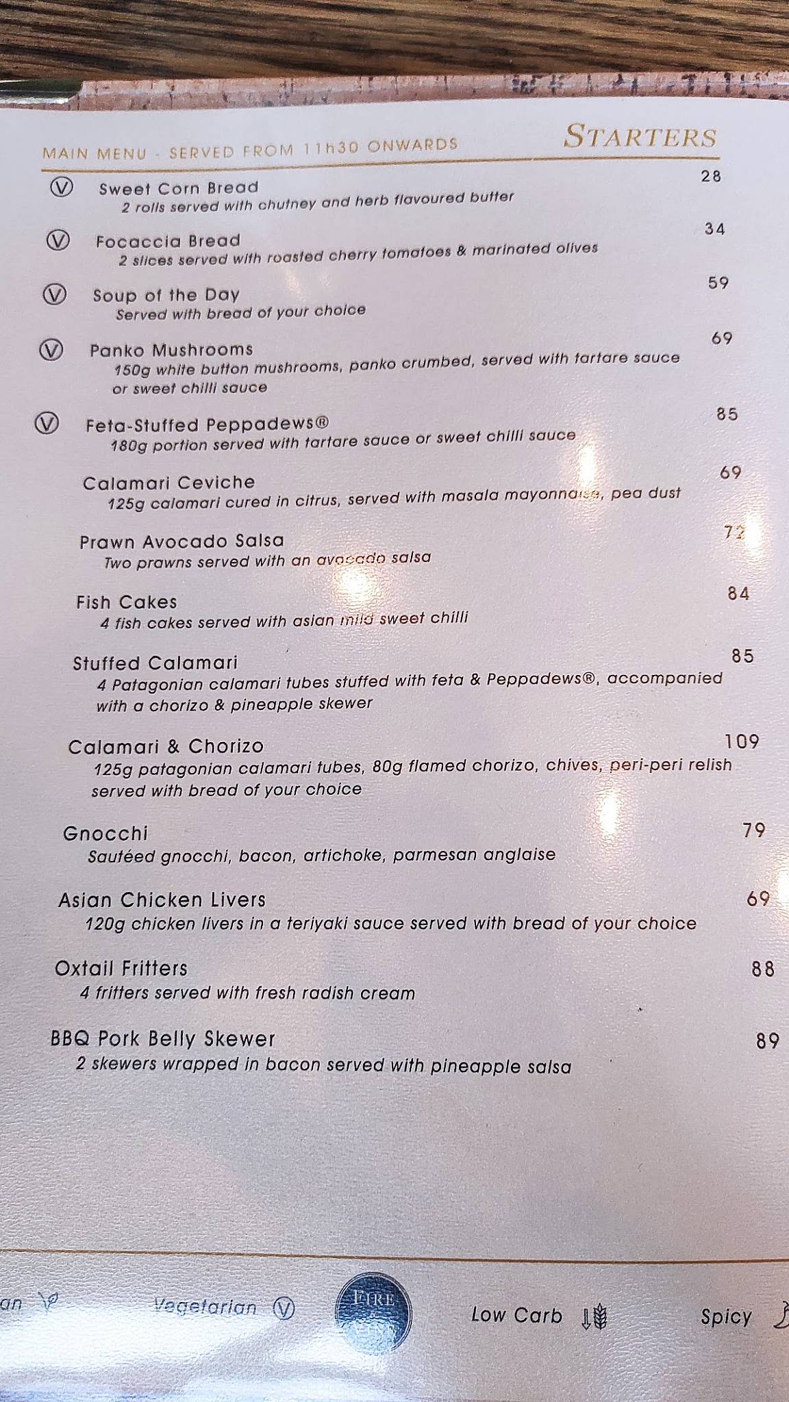 Menu at Fire & Vine restaurant, Pietermaritzburg, Athlone Circle
