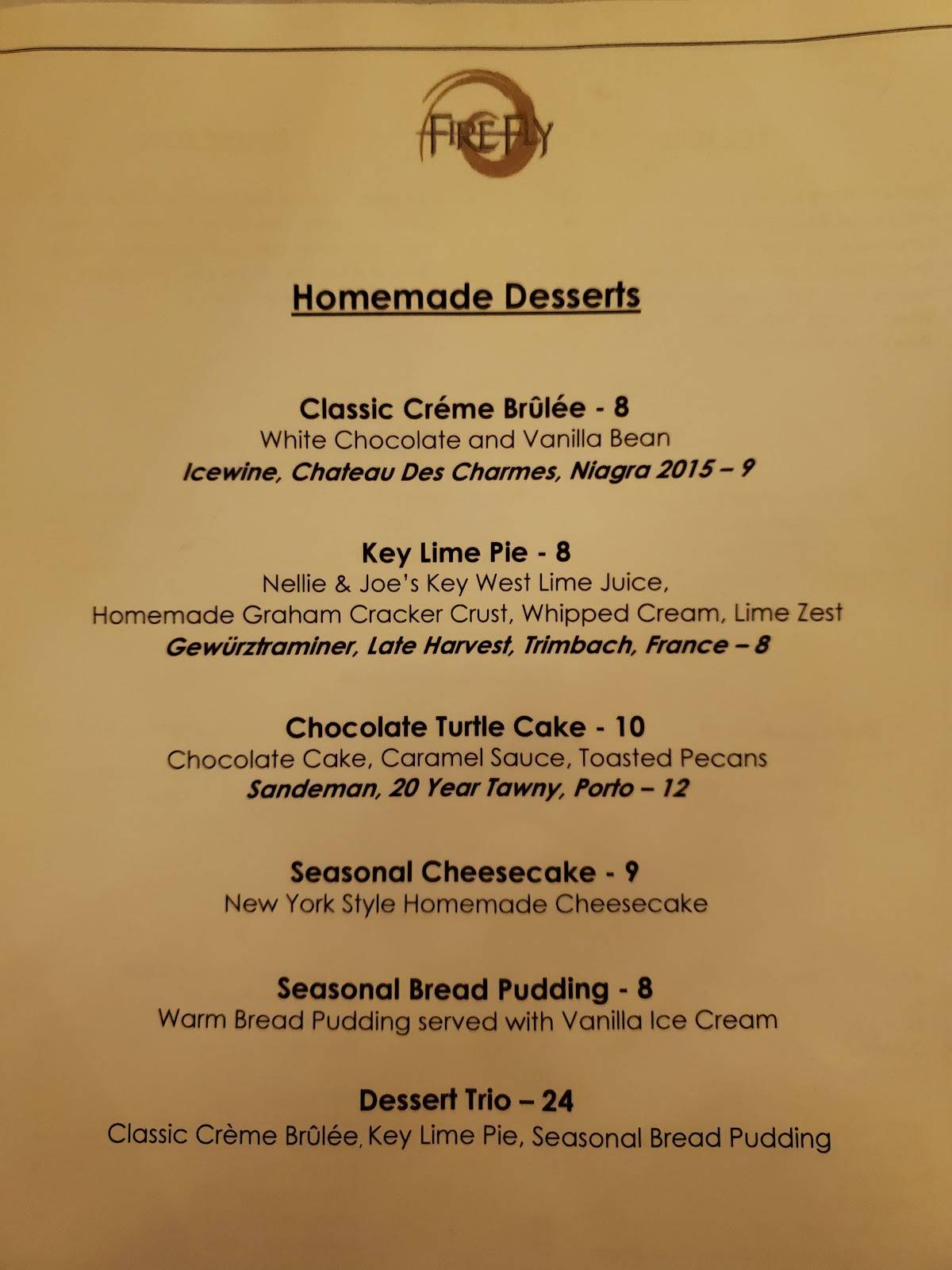 Menu at Firefly restaurant, Panama City Beach