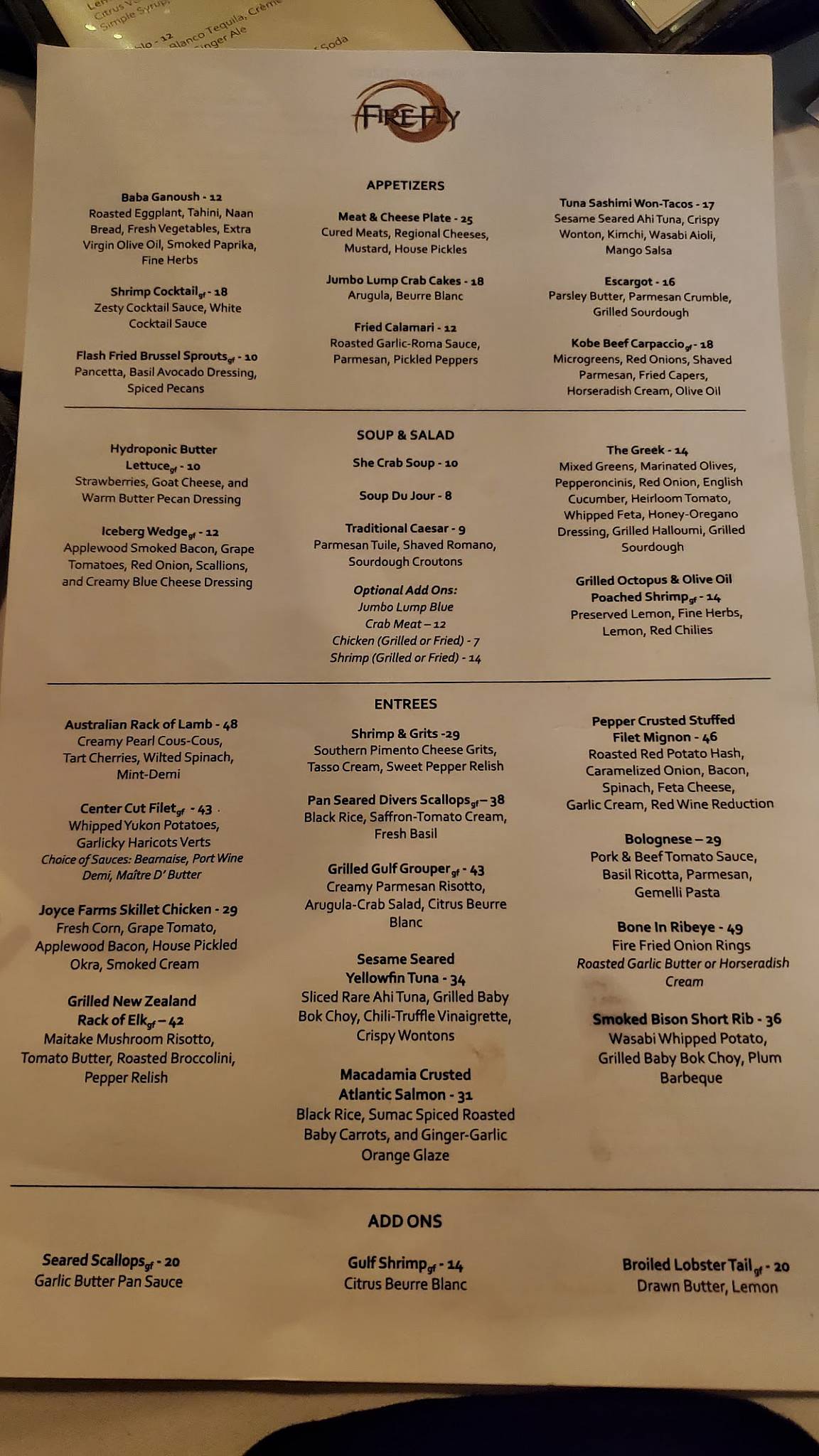 Menu at Firefly restaurant, Panama City Beach
