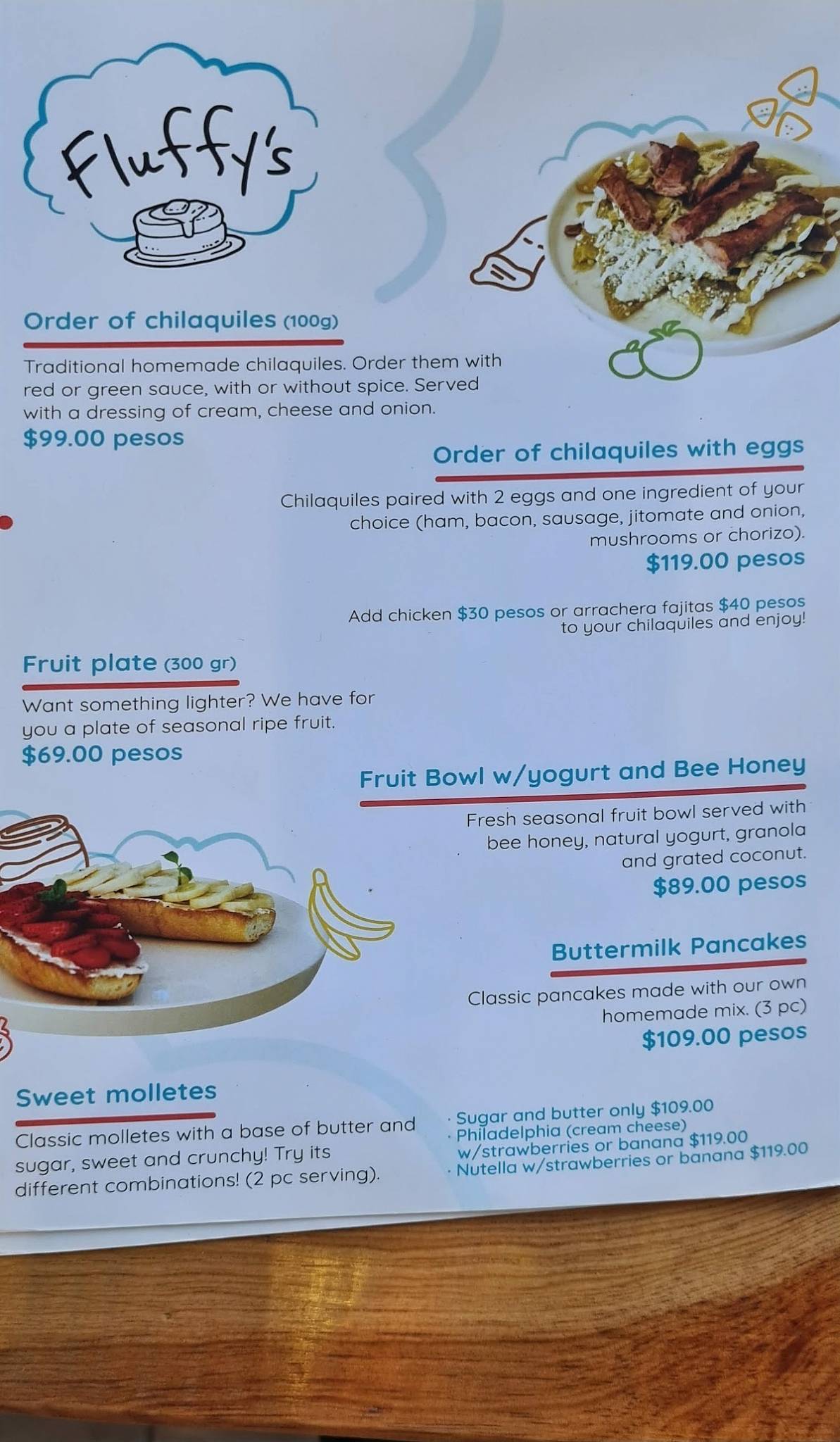 Menu at Fluffy's restaurant, Puerto Vallarta