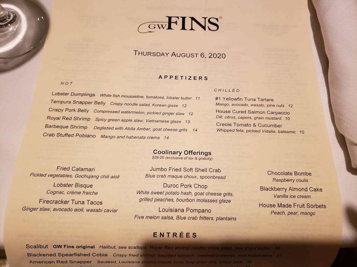 Menu at GW Fins restaurant, New Orleans