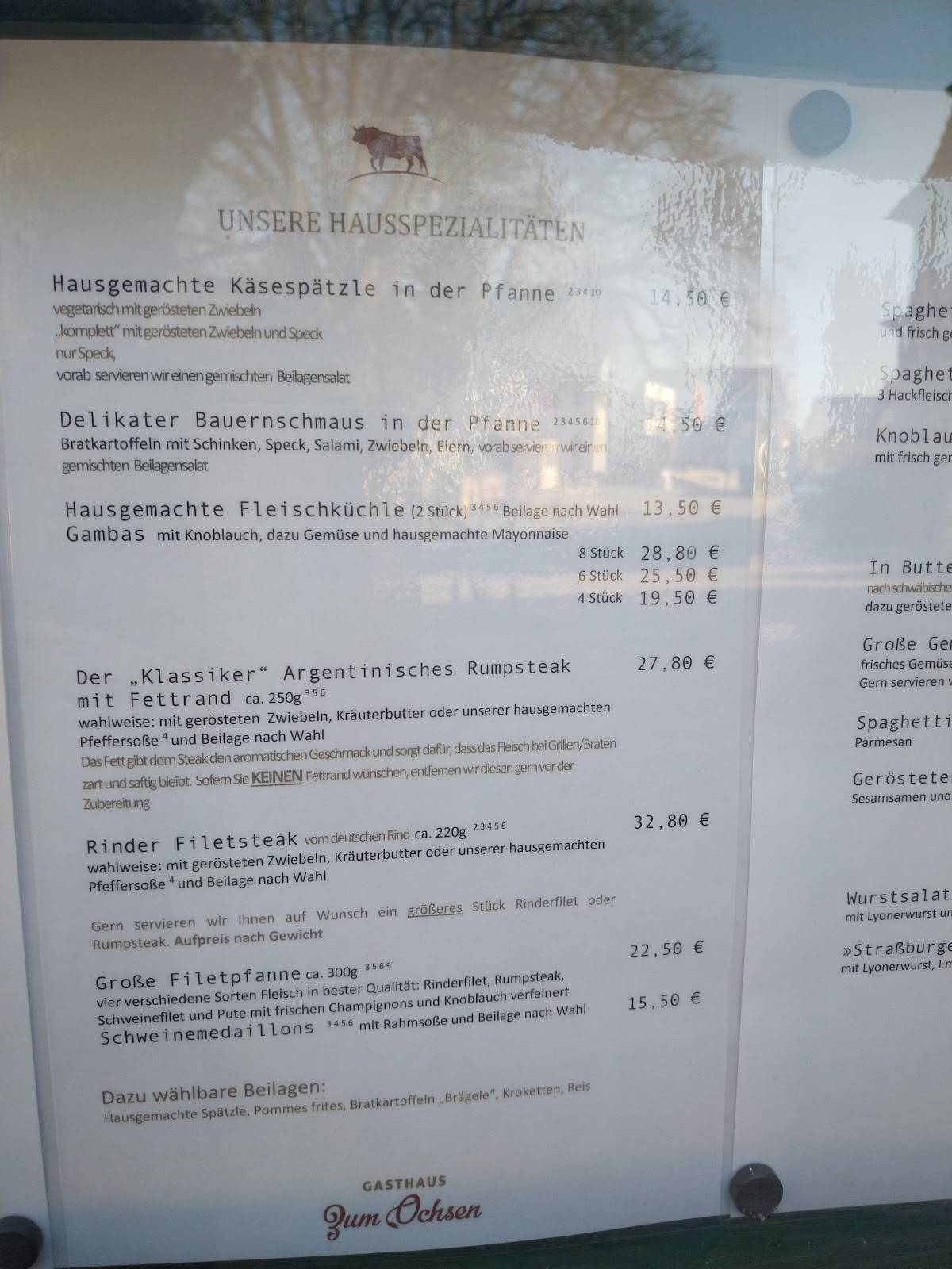 Speisekarte von Gasthaus zum Ochsen restaurant, Rust