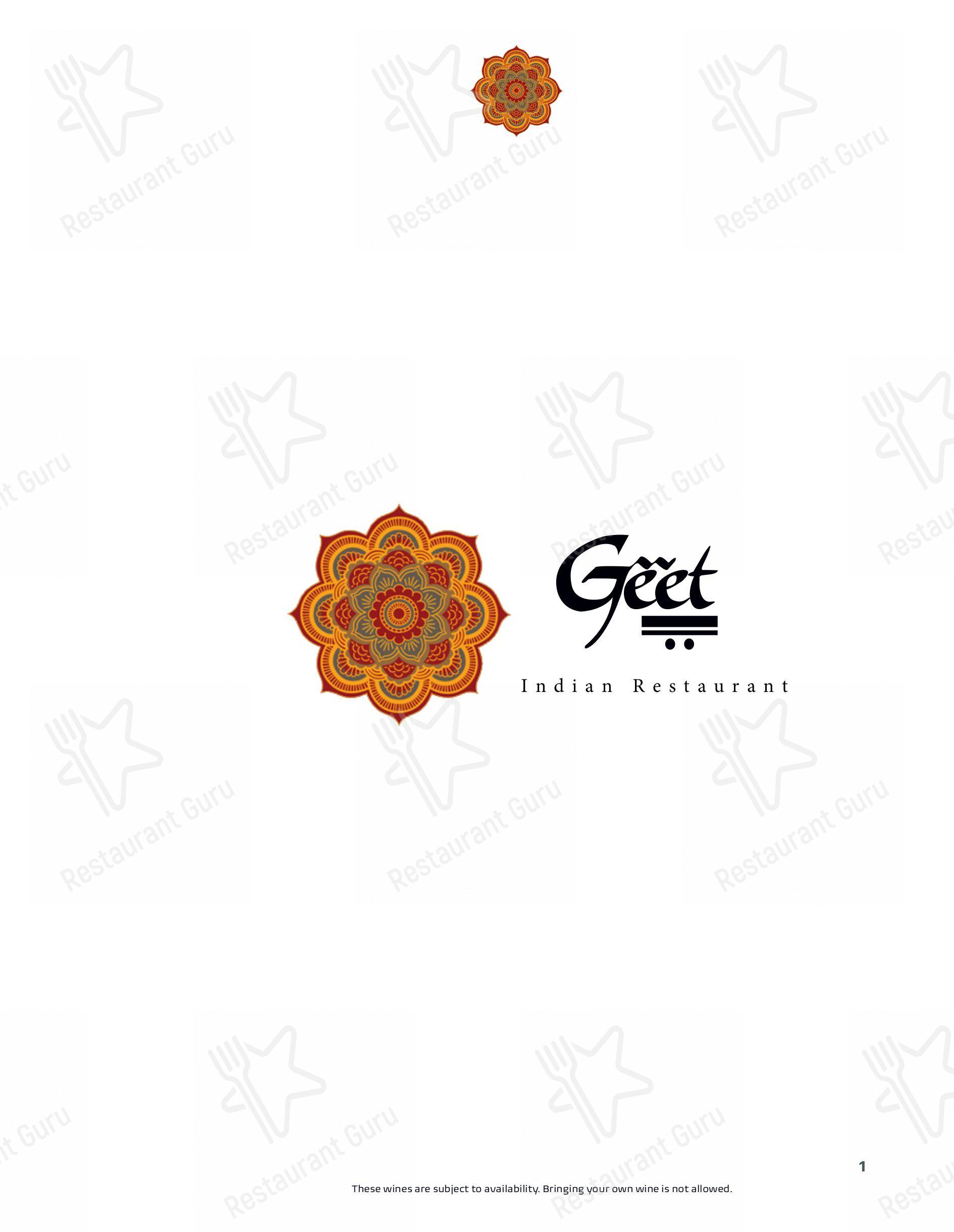 Menu at Geet Indian Restaurant, Pretoria