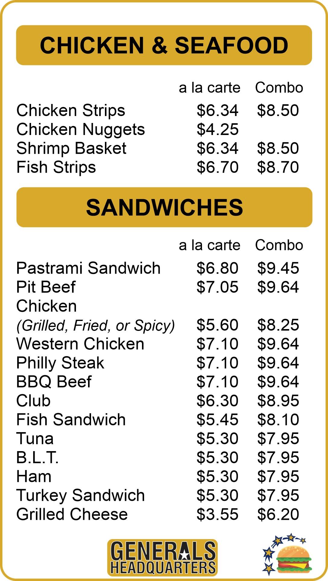 Menu at Generals Headquarters restaurant, Shafter
