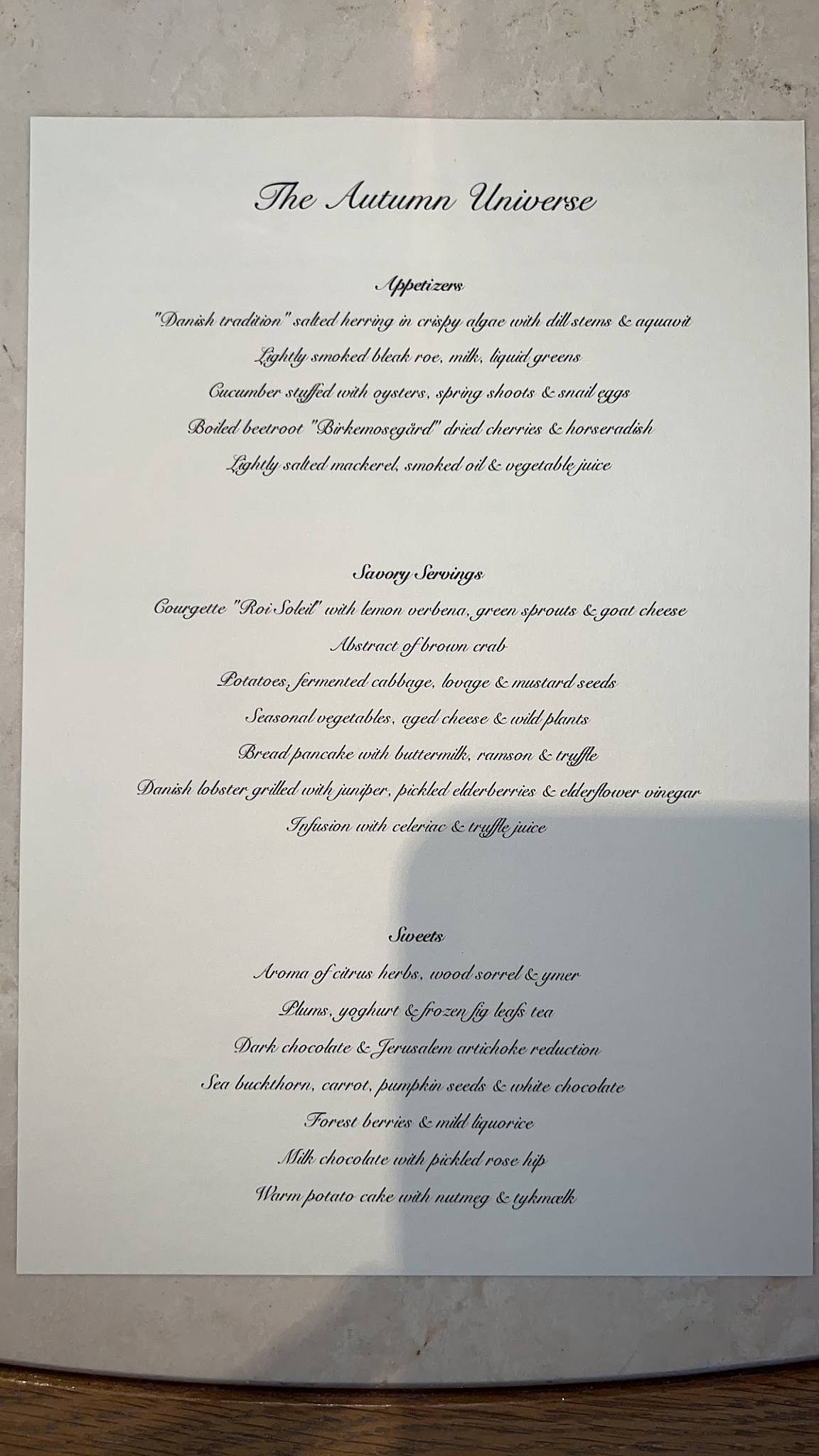 Menu at Geranium restaurant, Copenhagen