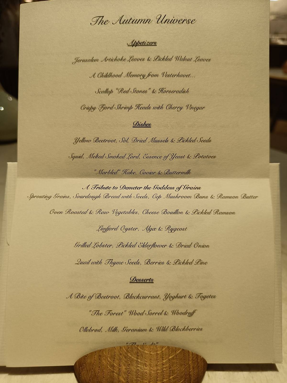 Menu at Geranium restaurant, Copenhagen