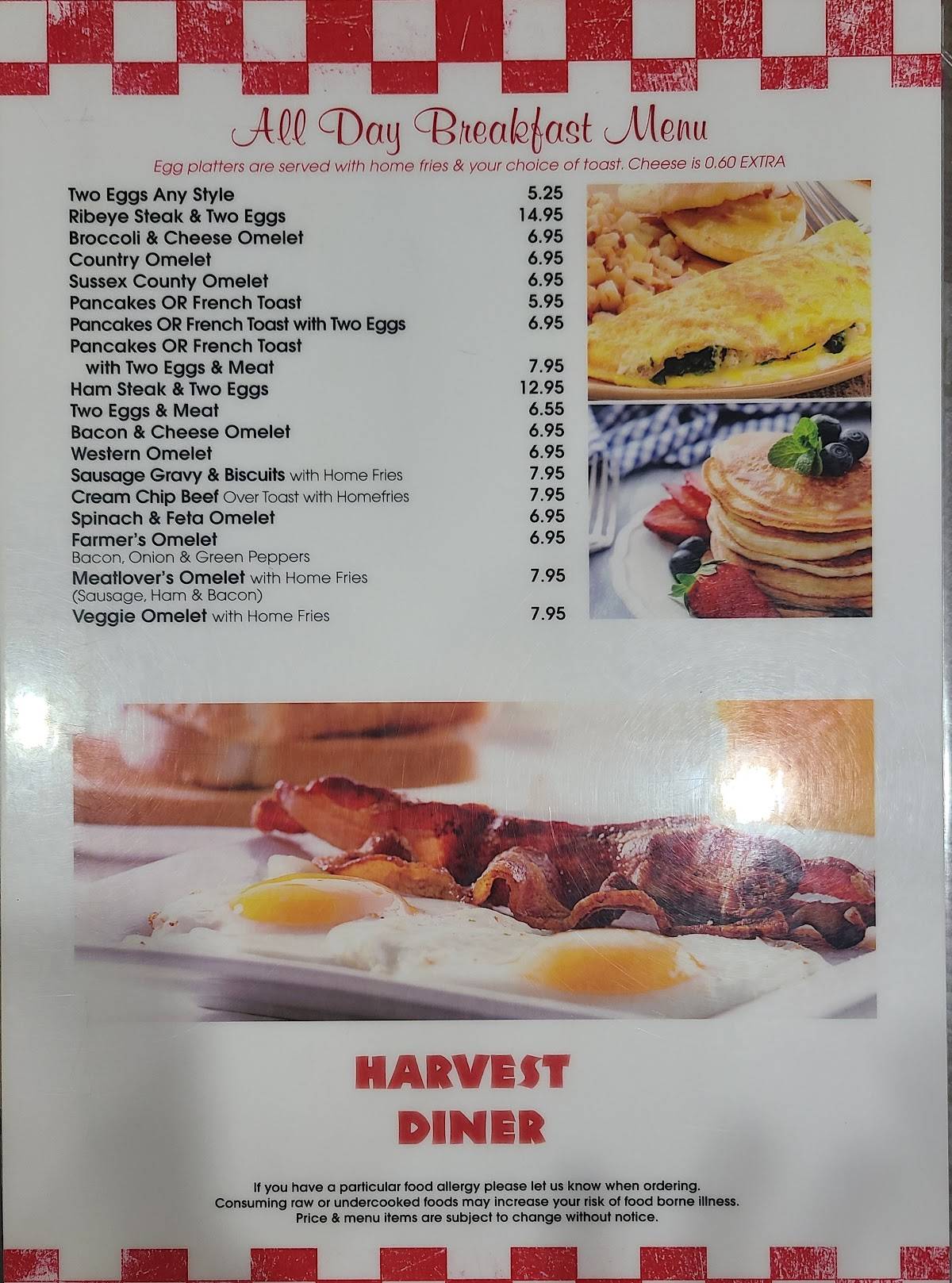 Menu at Harvest Diner restaurant, Georgetown, Dupont Blvd