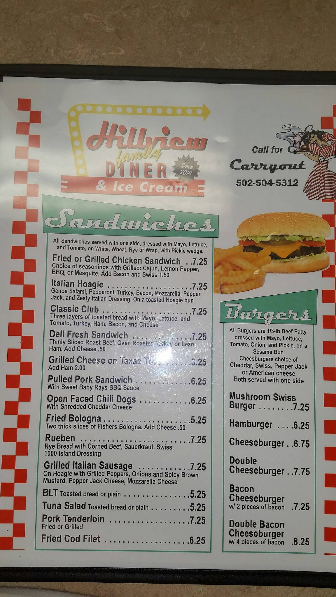 Menu at Hillview Family Diner restaurant, Louisville