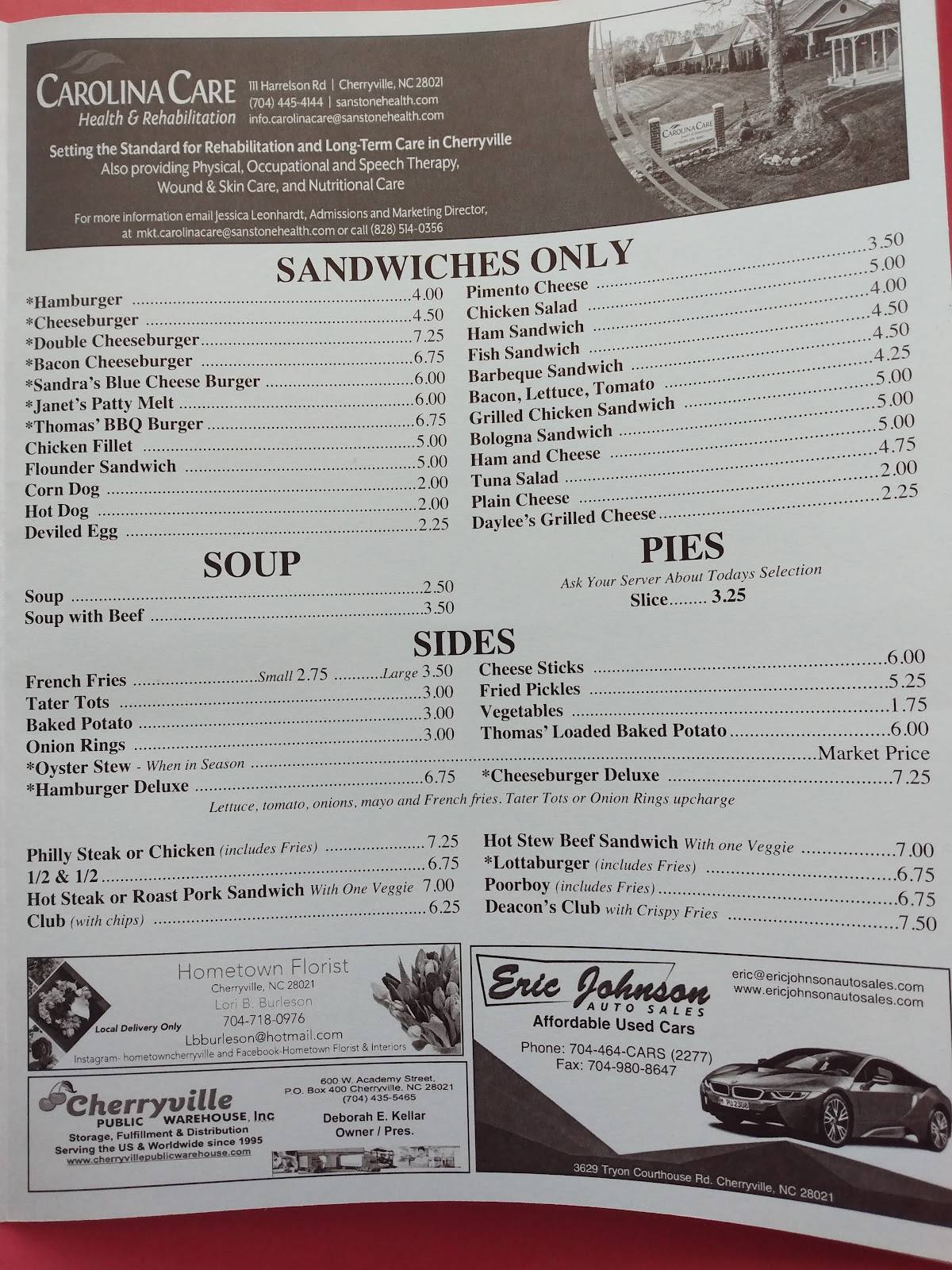 Menu at Home Folks Cafe, Cherryville