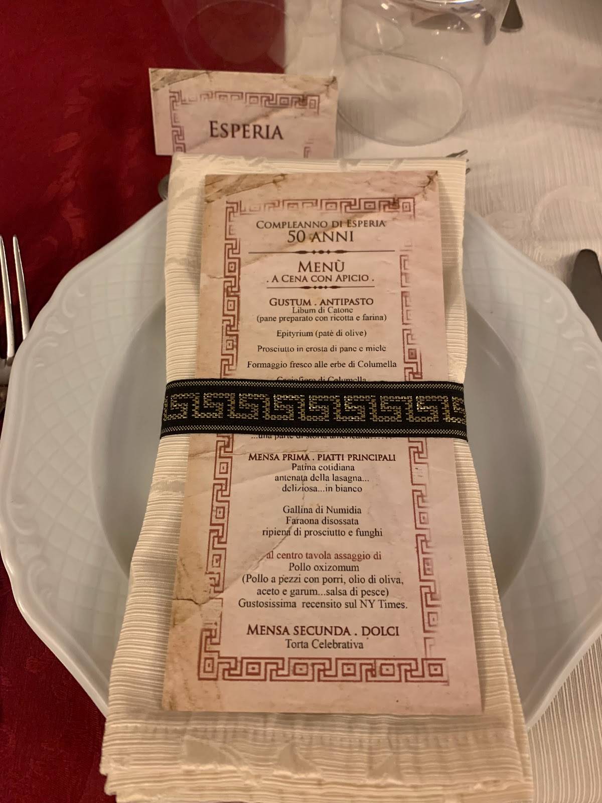 Menu at Hostaria Antica Roma restaurant, Rome, Via Appia Antica