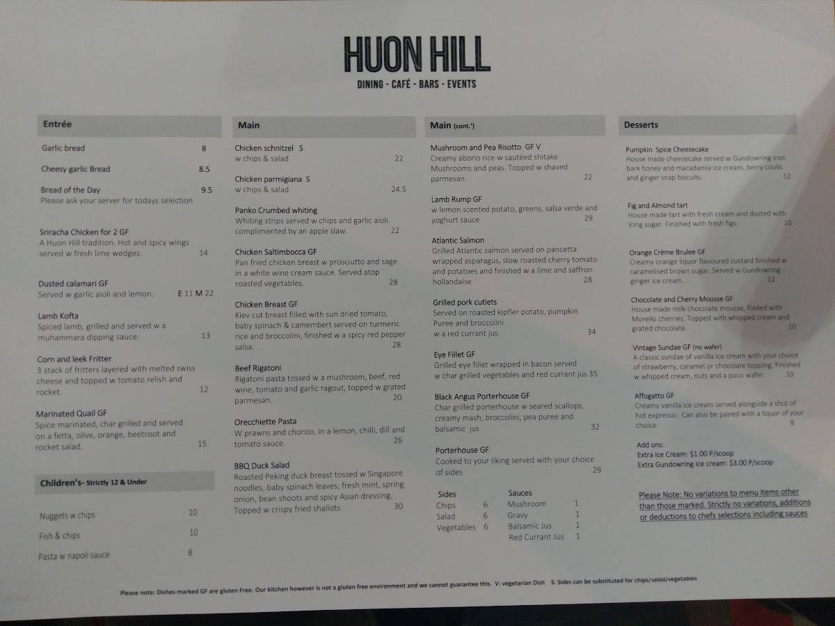 Menu at Huon Hill restaurant, Wodonga