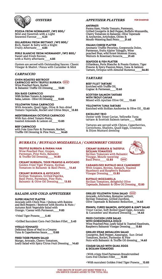 Menu at Italissimo restaurant, Riga