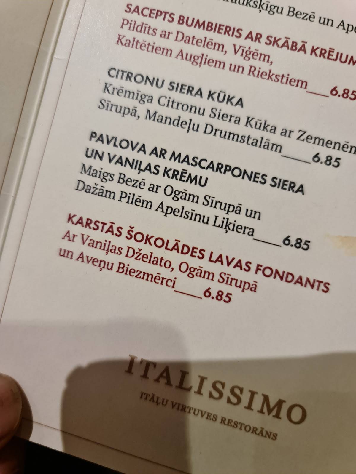 Menu at Italissimo restaurant, Riga