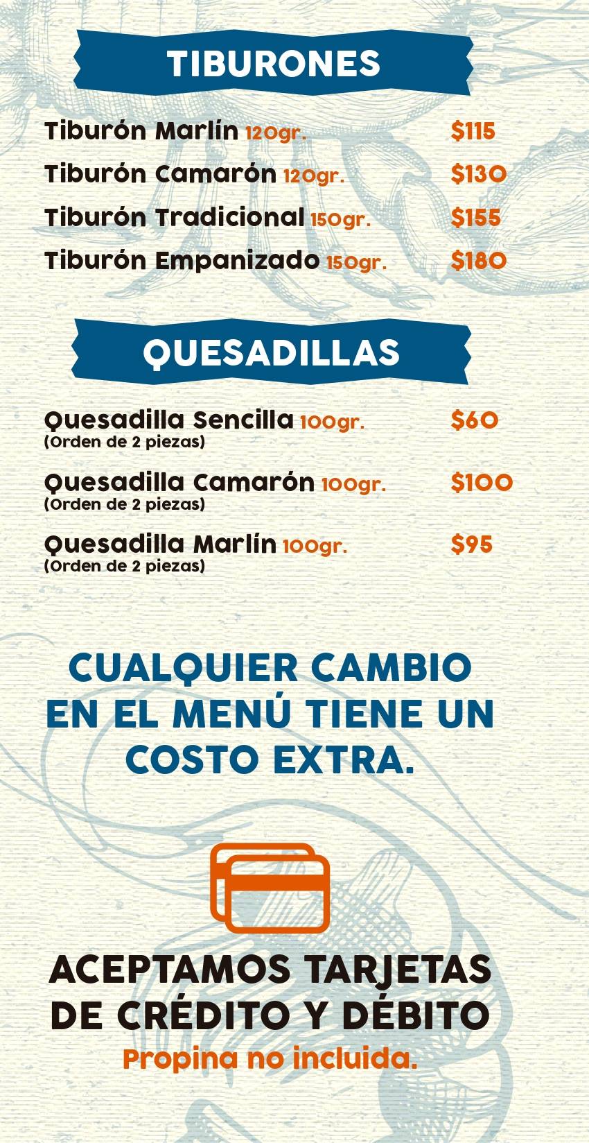 Menu at Juan Tiburón restaurant, Puerto Vallarta, Viena 131