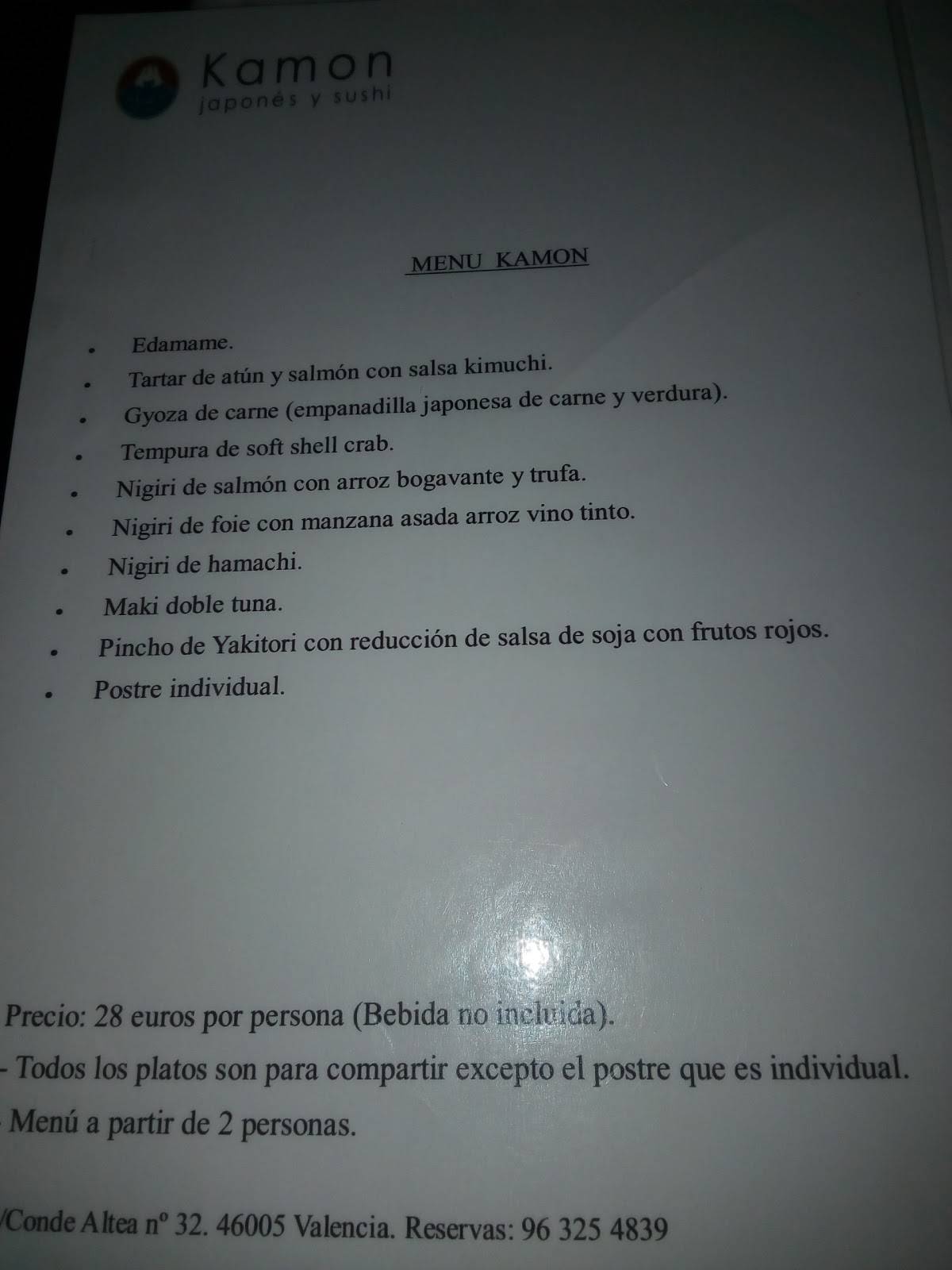 Menu at Kamon restaurant, Valencia, Carrer del Comte d'Altea