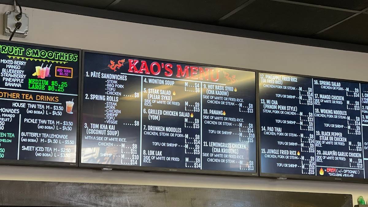 Menu at Kao's restaurant, Elkhart