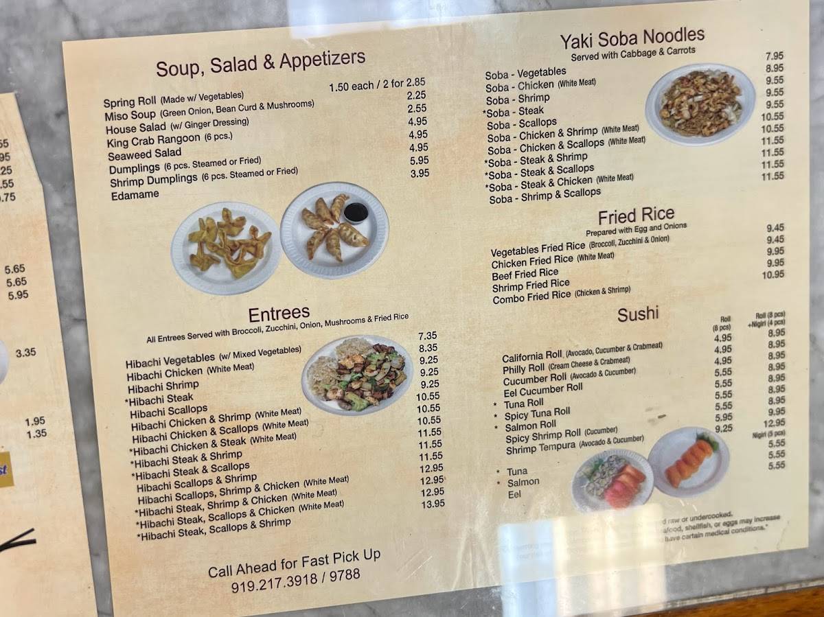 Menu at Kiko Japan Express restaurant, Knightdale