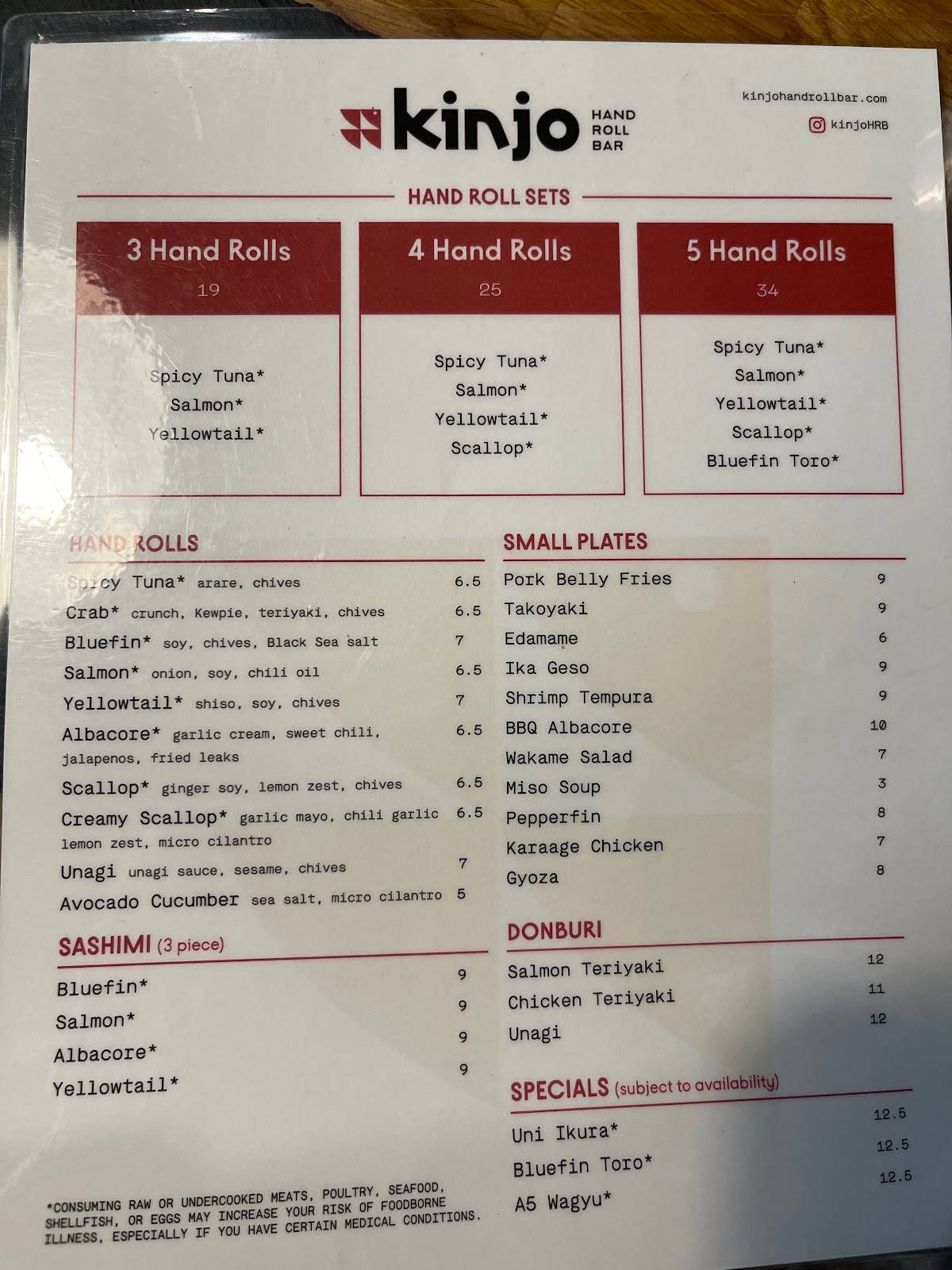 Menu at Kinjo Hand Roll Bar, Sacramento