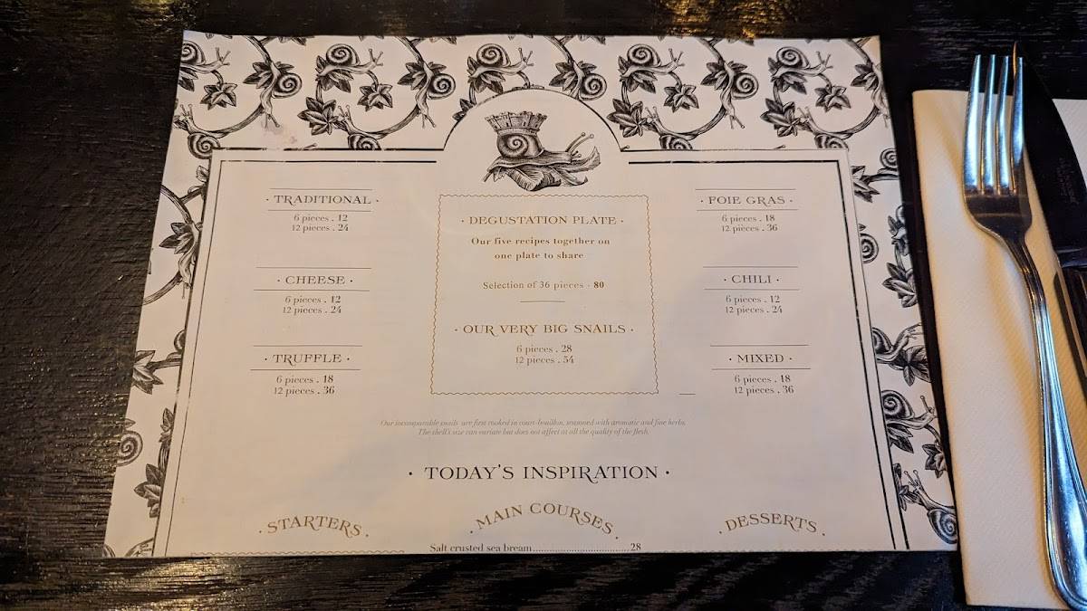 Menu at L'Escargot restaurant, Paris, 38 Rue Montorgueil