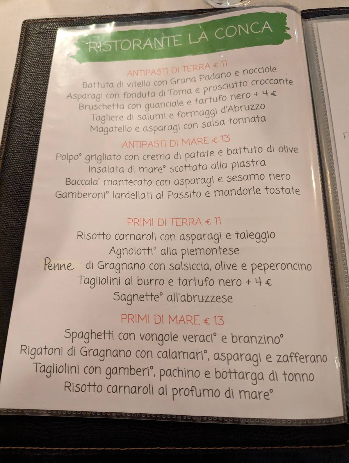 Menu da La Conca ristorante, Torino