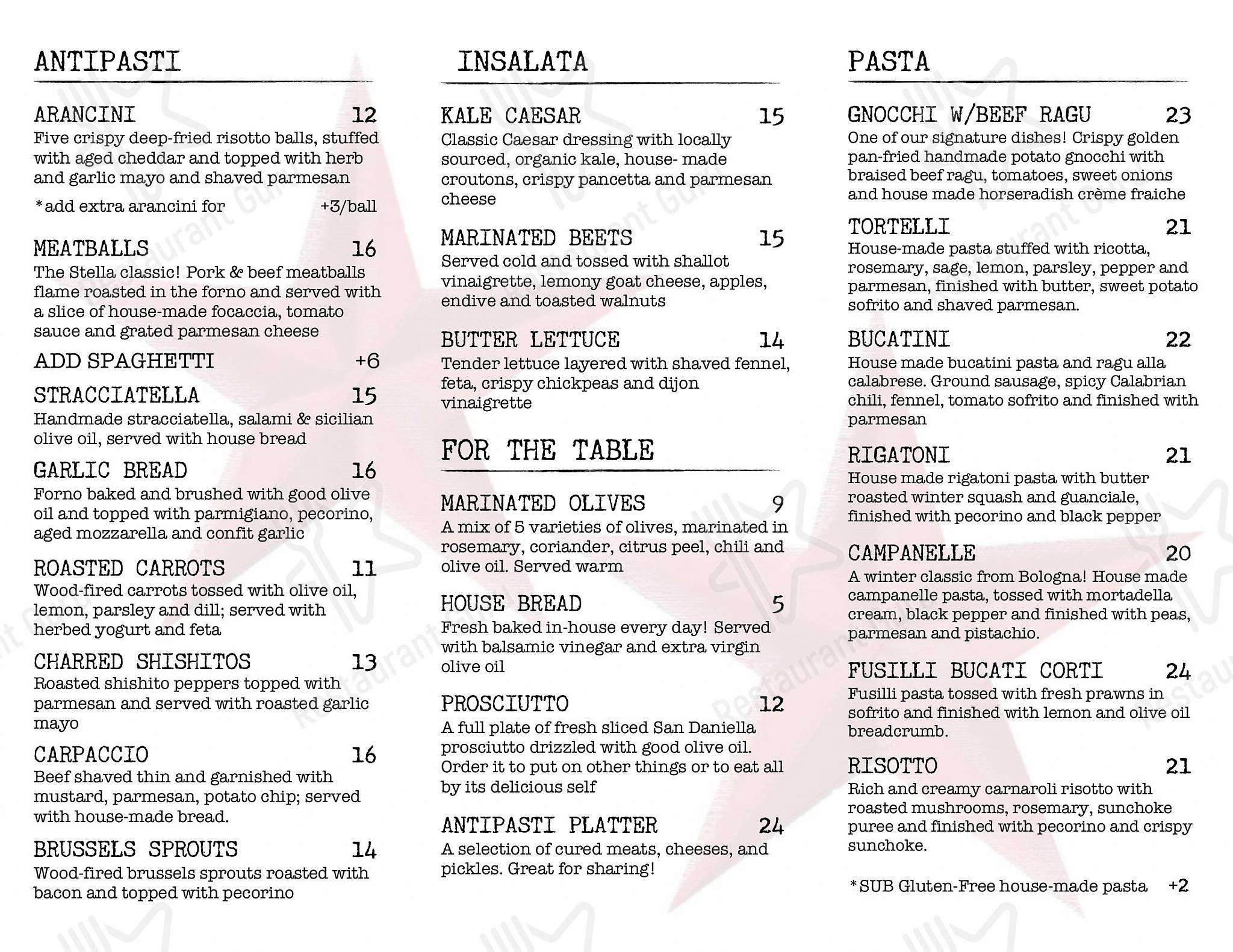 Menu at La Stella Trattoria restaurant, Nanaimo