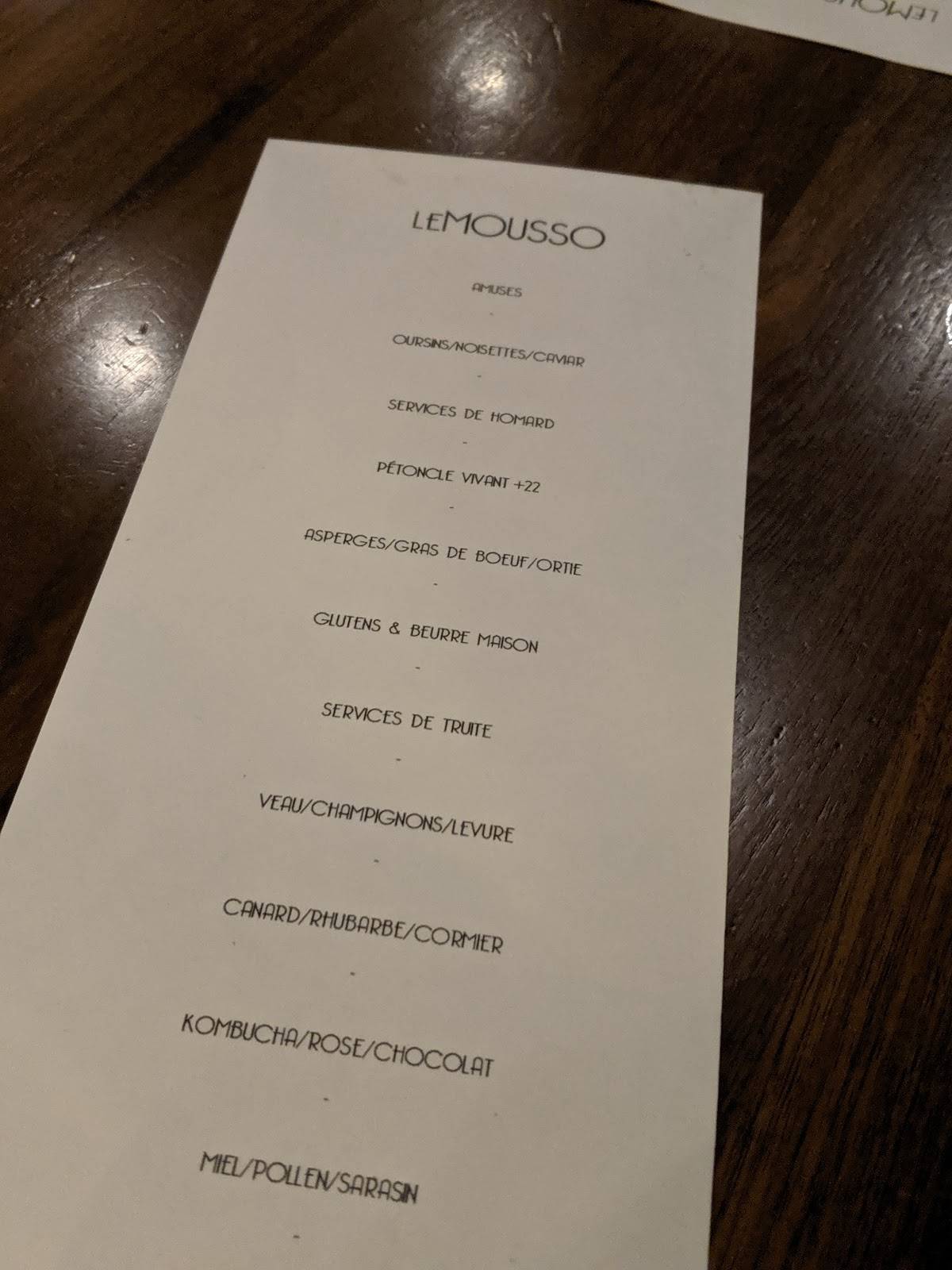 Menu at Le Mousso restaurant, Montréal, Ontario St E