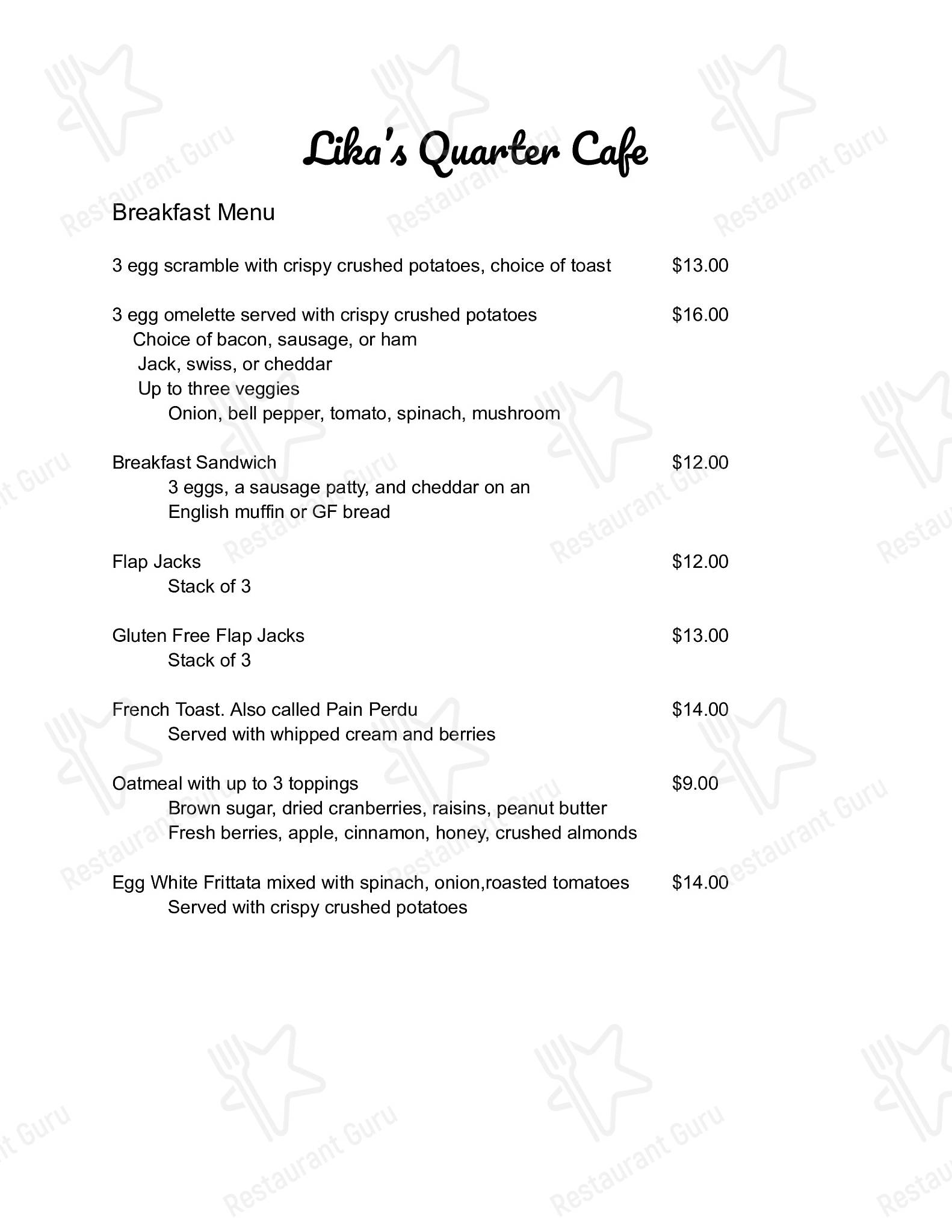 Menu at Lika's Quarter Cafe, Nevada City