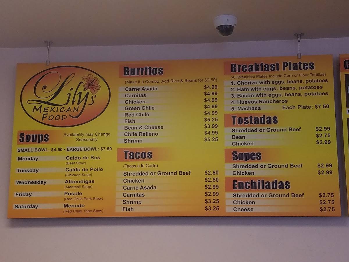 Menu at Lily's Mexican Food restaurant, Parker